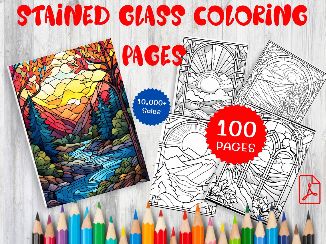 100 Stained Glass Patterns Coloring Pages, Printable PDF (digital ...