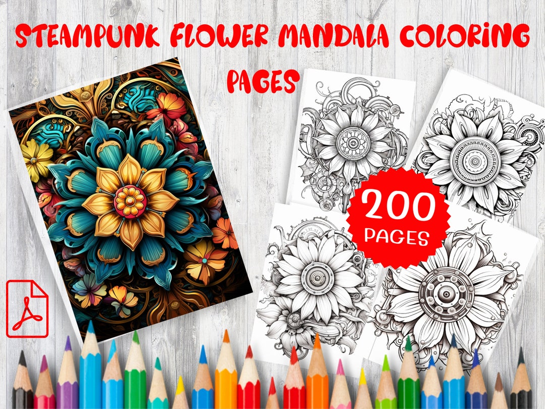 200 Steampunk Flower Mandala Coloring Pages | Relaxing Designs (PDF) - Etsy