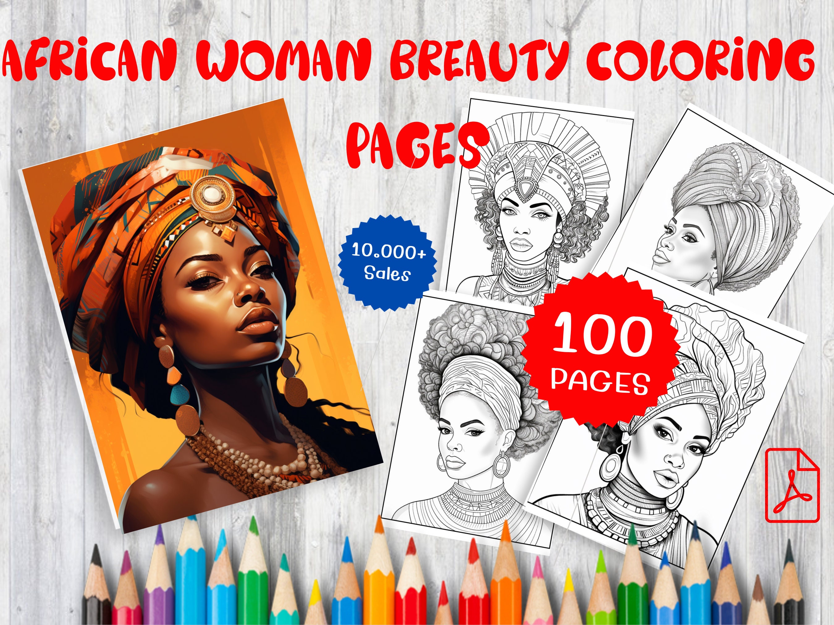 100 Fantasy African Black Girl Coloring Book, Printable PDF, Grayscale ...