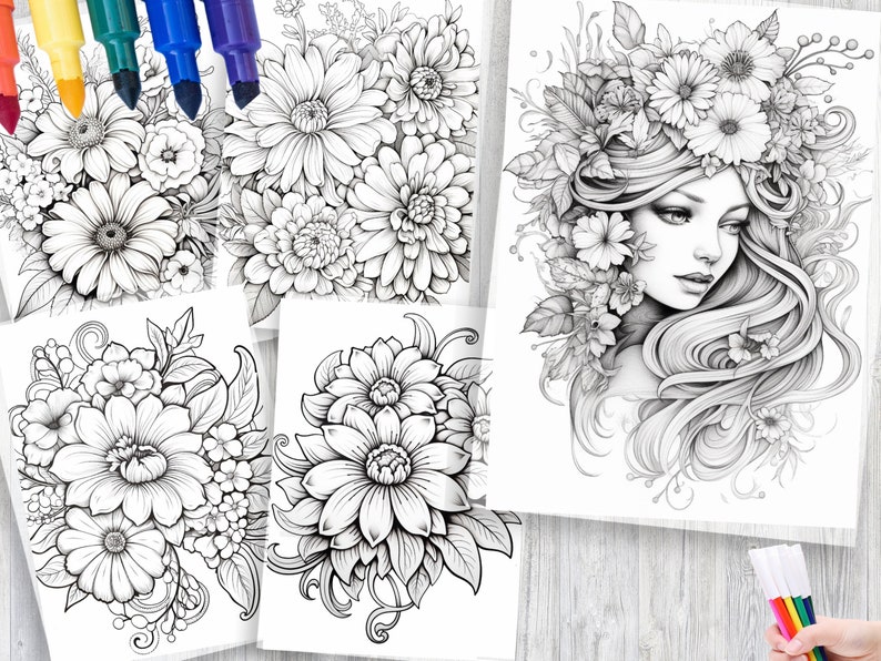 100 Beautiful Flower Coloring Pages Floral Art Therapy, Relaxing Garden ...