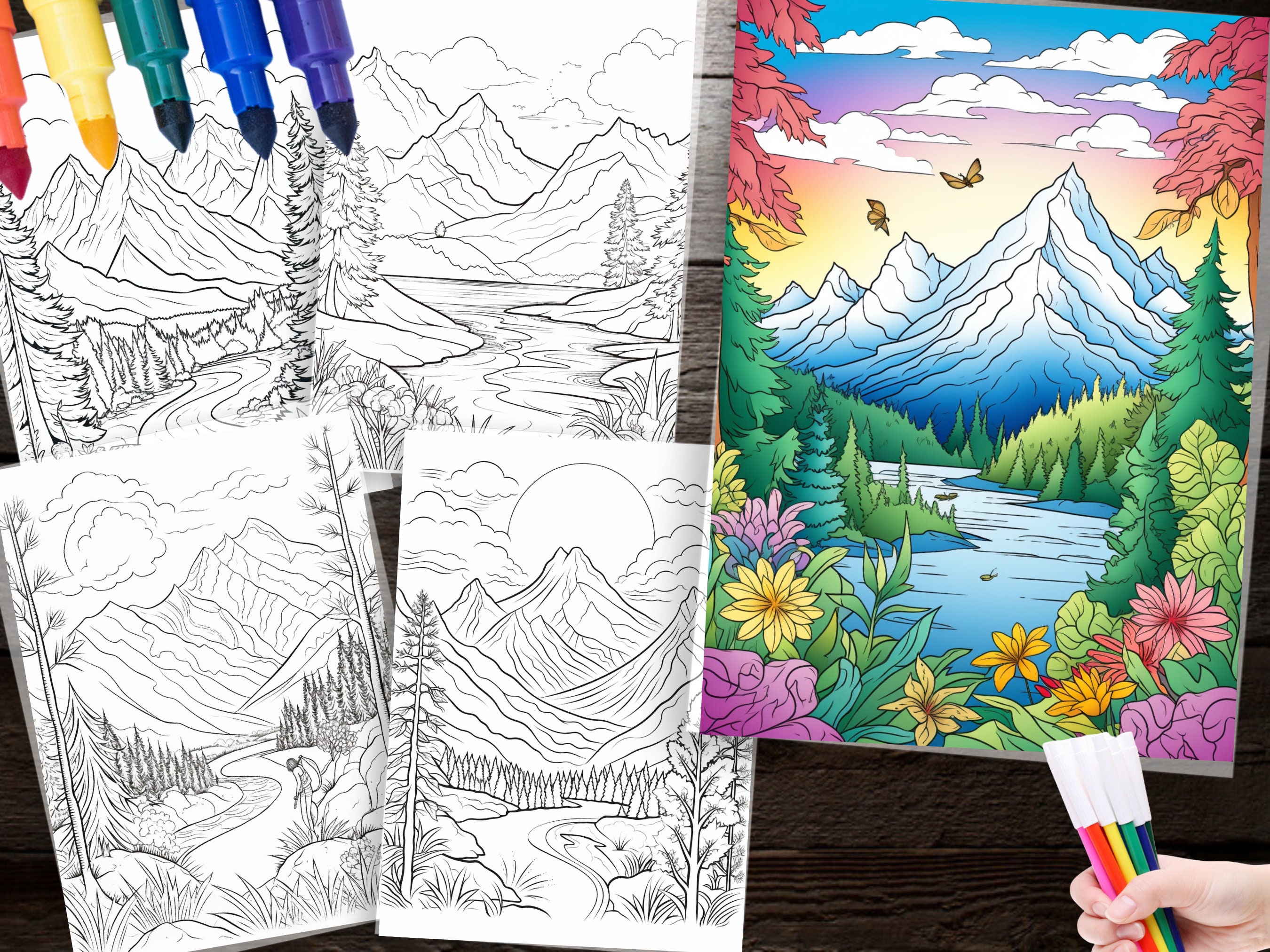 100 Mountain Scenes Coloring Pages Set for Relaxation and Creativity ...
