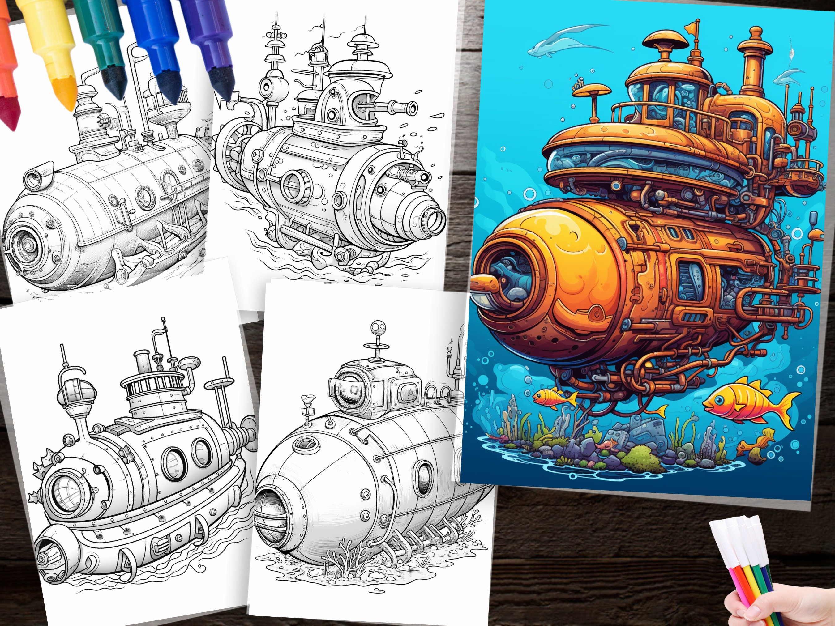 150 Steampunk Submarine Coloring Page - Underwater Adventure Printable ...