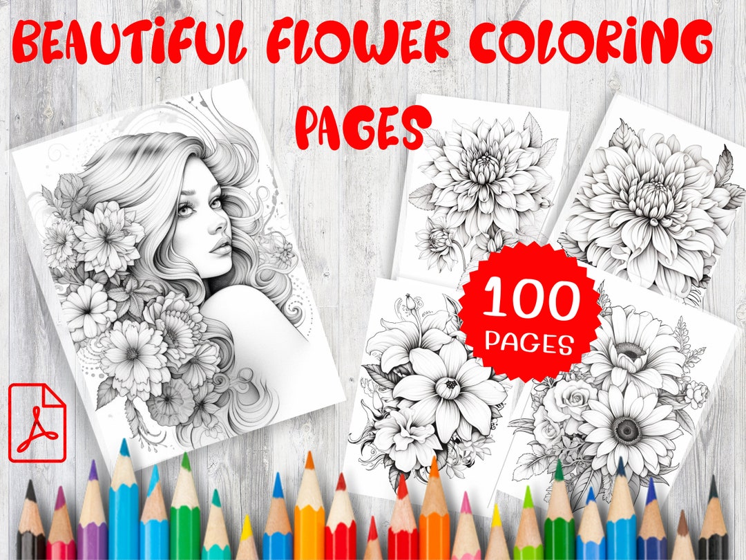 100 Beautiful Flower Coloring Pages - Floral Art Therapy, Relaxing ...