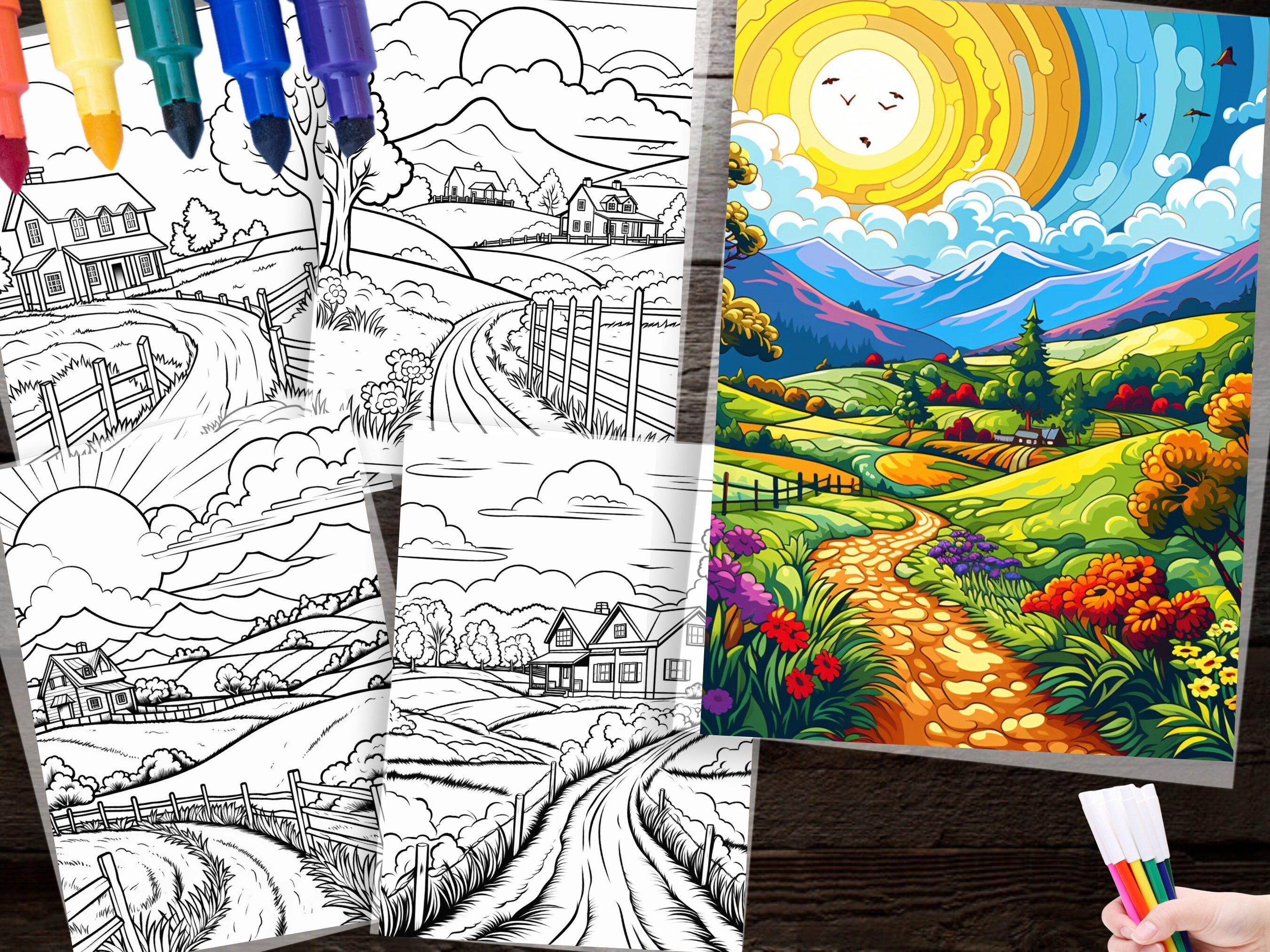 200 Countryside Scenes Coloring Pages Relaxing Rural Landscapes for ...