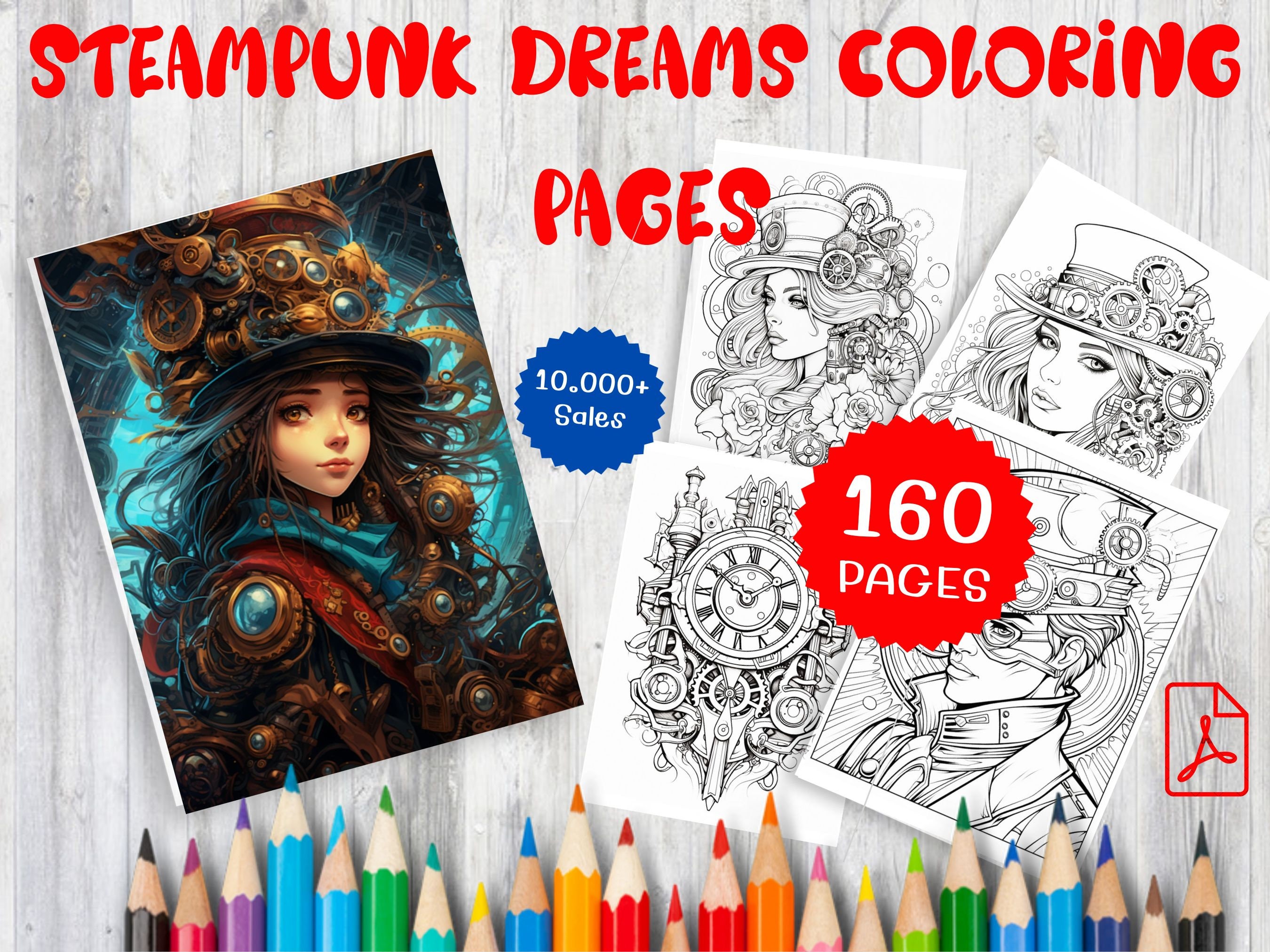 160 Steampunk Fantasy Dreams Coloring Pages for Adults - Instant ...