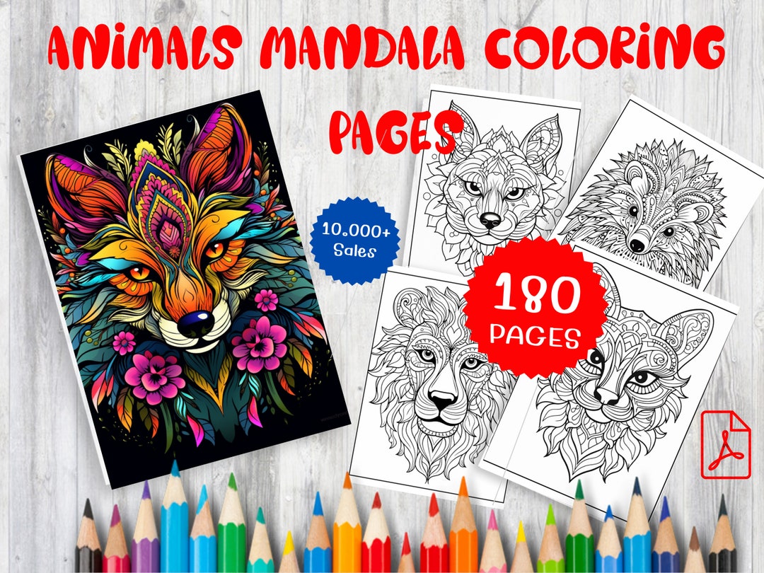 180 Printable Animals Mandala Coloring Book for All - Grayscale Color ...