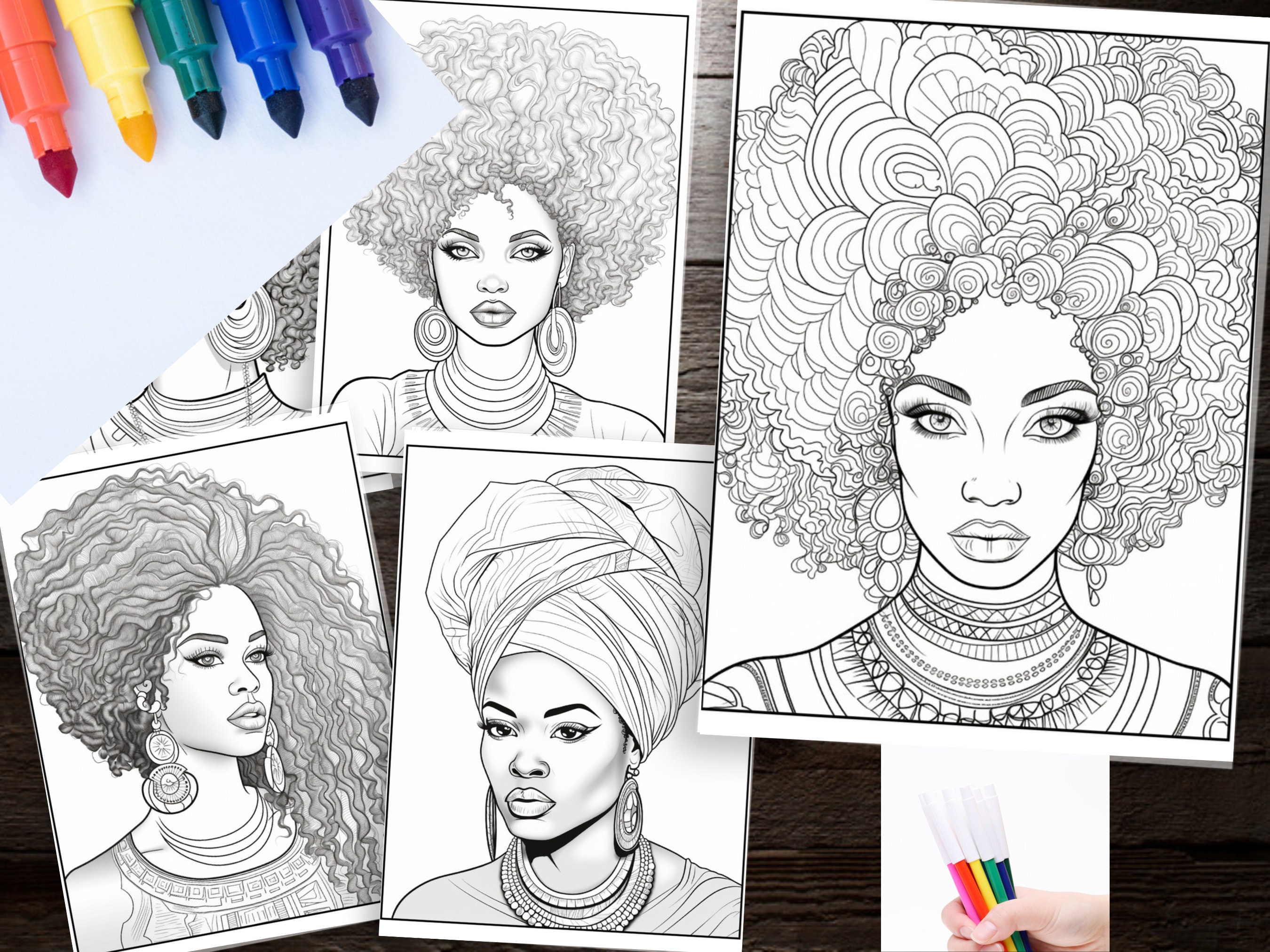 100 Fantasy African Black Girl Coloring Book, Printable PDF, Grayscale ...