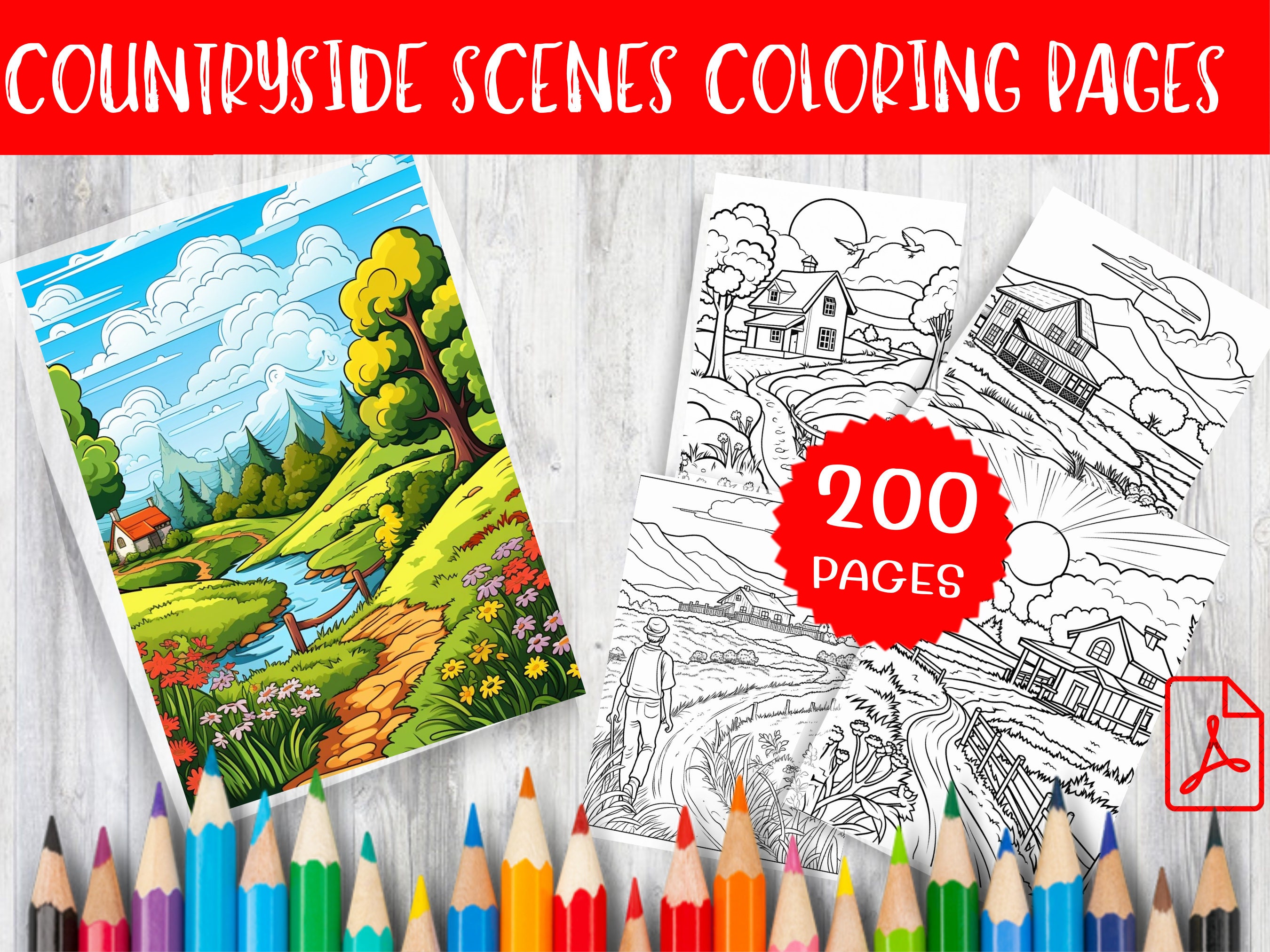 200 Countryside Scenes Coloring Pages Relaxing Rural Landscapes for ...