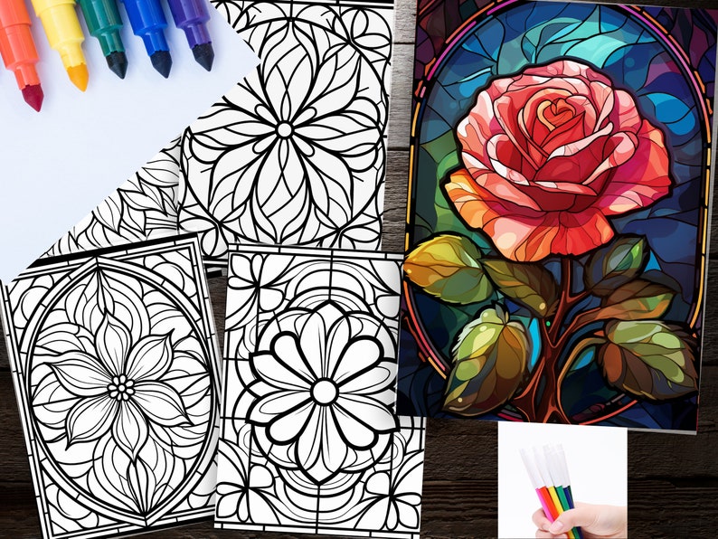 220 Stained Glass Flower Coloring Book for Kids, PDF Download, Instant ...