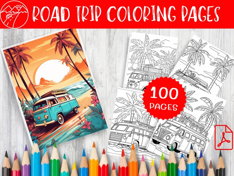 100 Road Trip Coloring Page Printable Travel Activity Fun Adventure ...