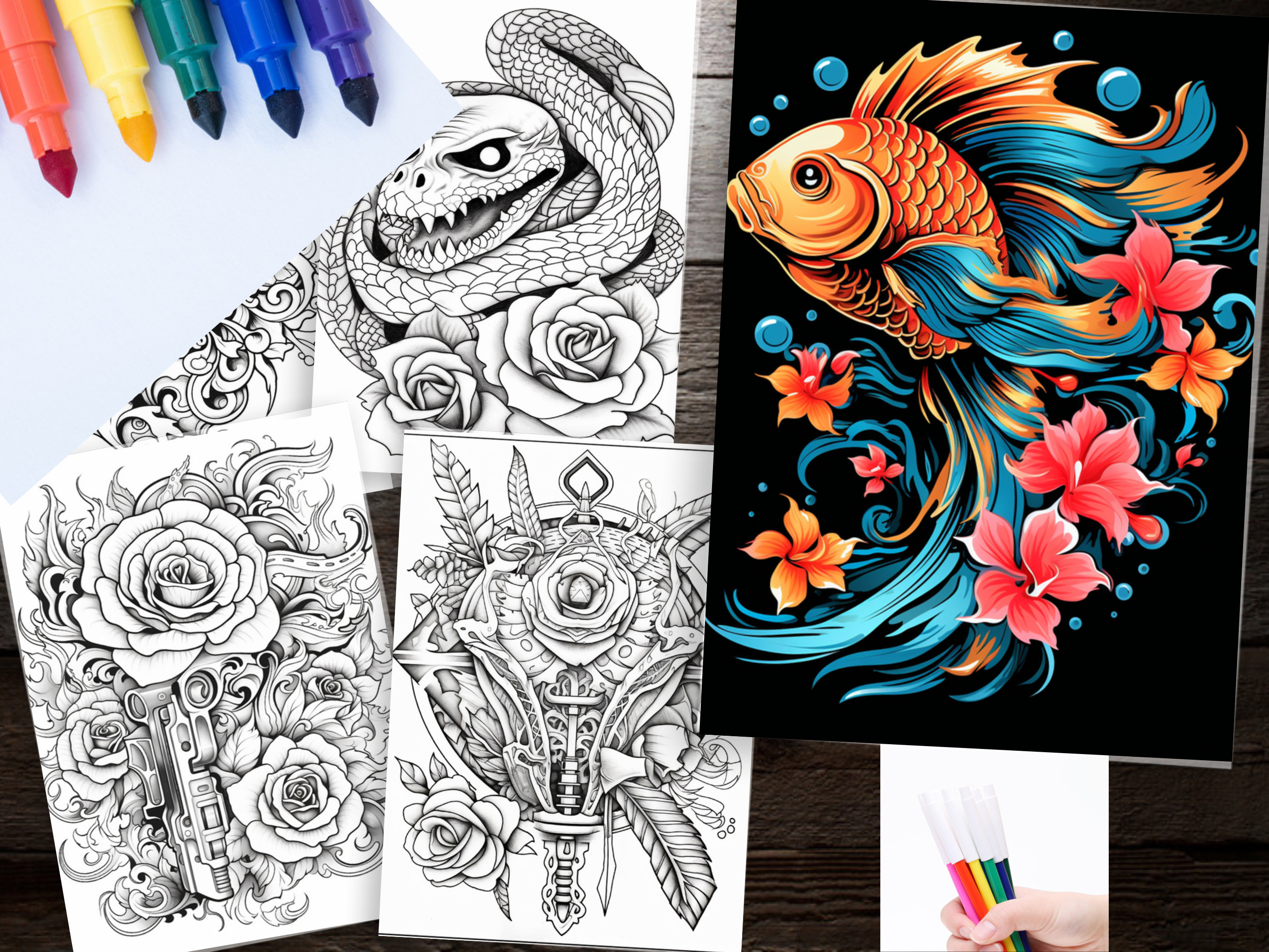 260 Printable Tattoos Coloring Pages for Kids and Adults , Grayscale ...