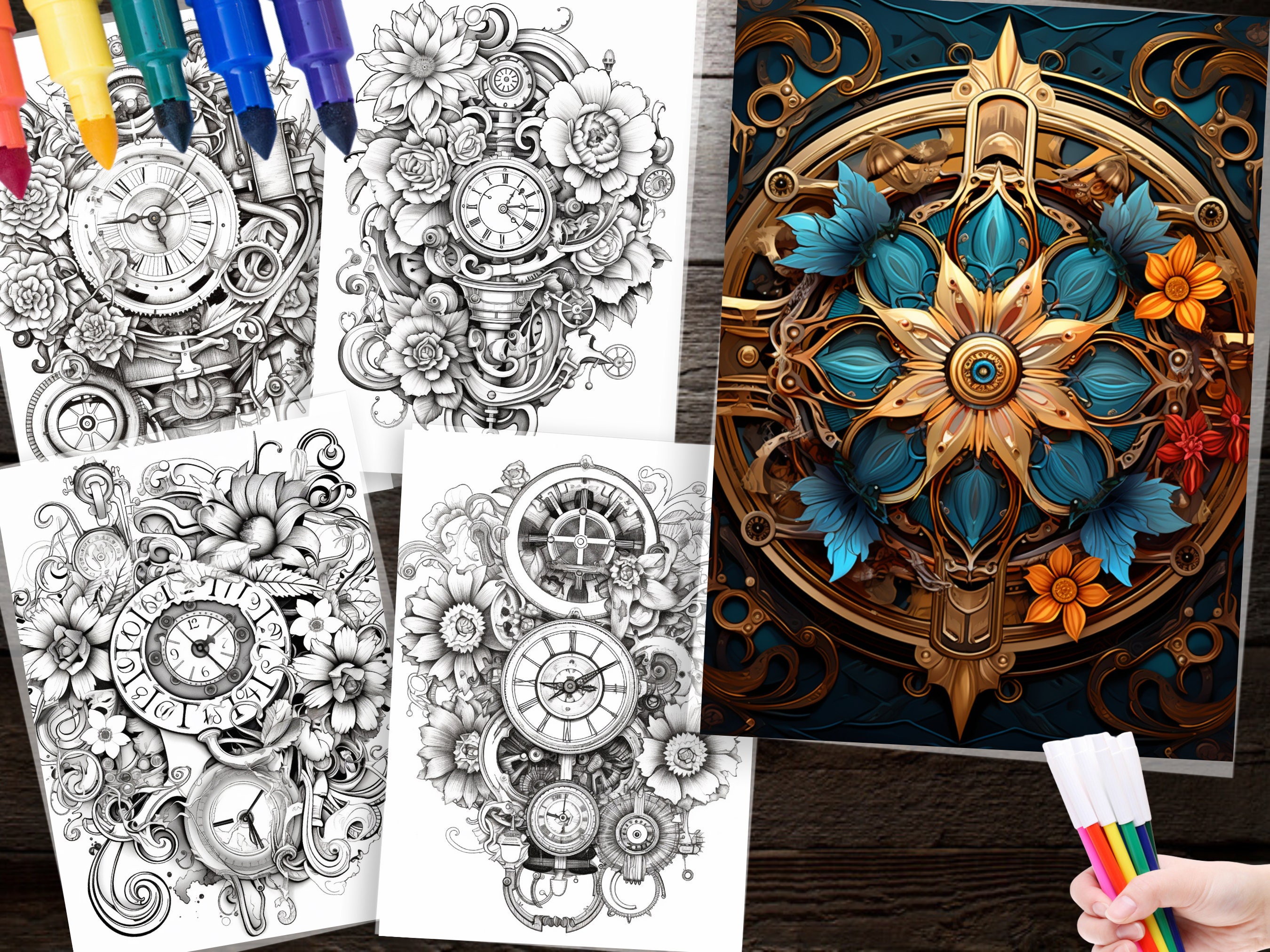 300 Steampunk Flower Coloring Pages Floral Designs for Relaxation and ...