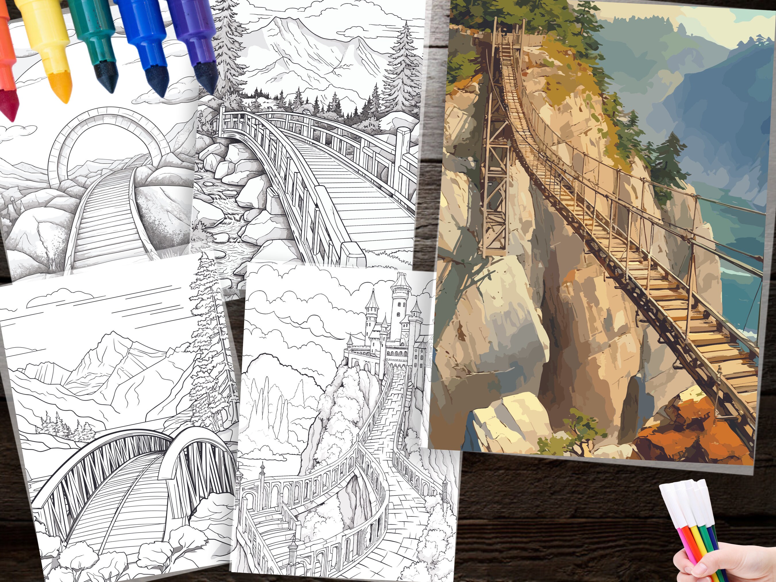 120 Calming Bridge Landscapes Coloring Pages Relaxing Scenes for ...