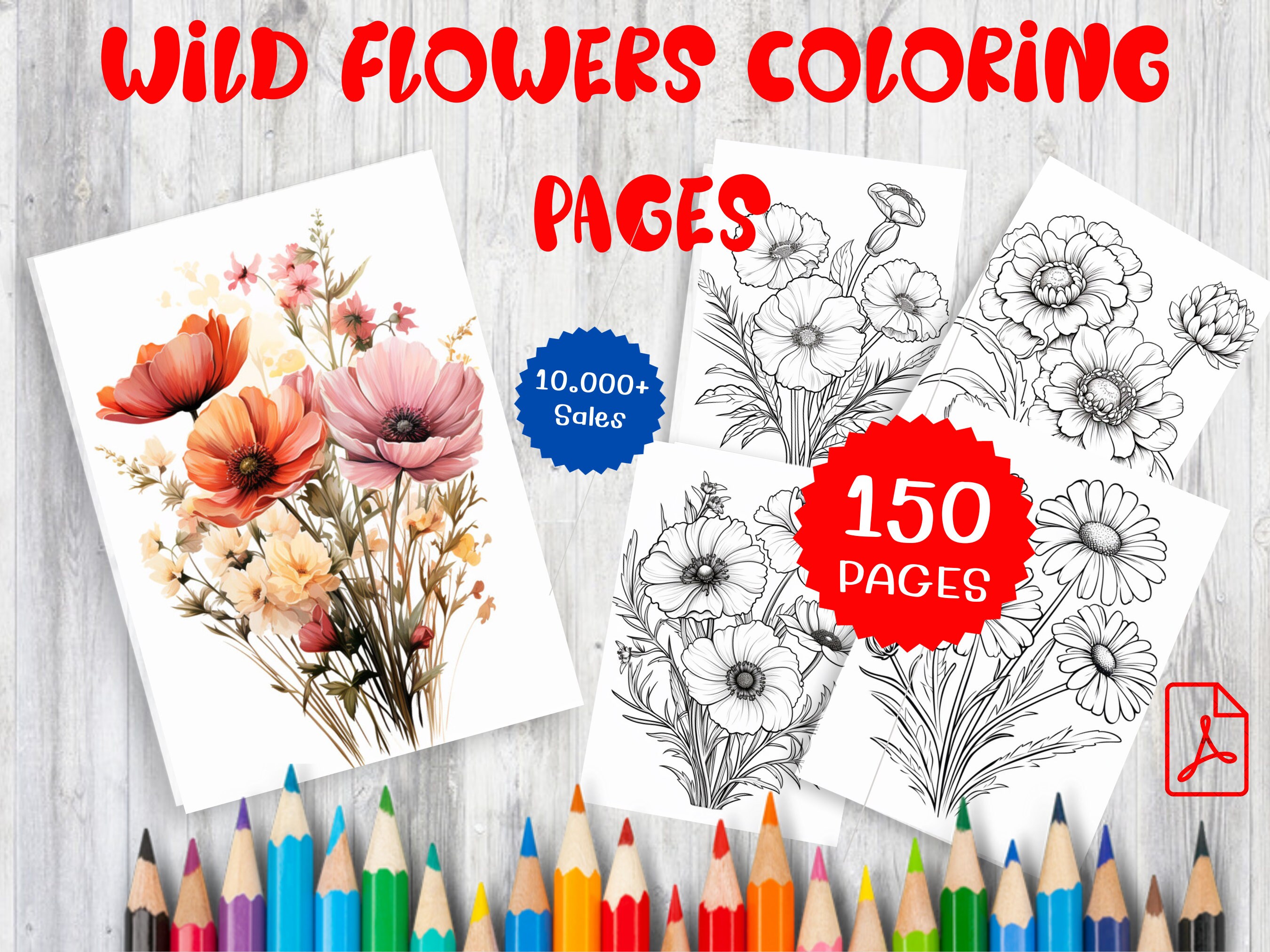 150 Printable Wild Flowers Coloring Pages Adults Kids, Grayscale ...