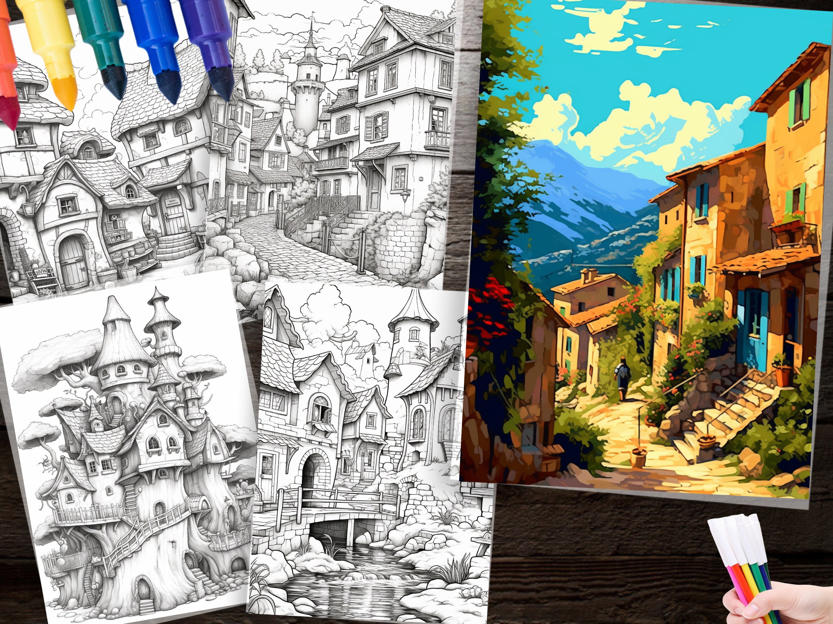 200 Charming Village Scene Coloring Page Printable Adult Coloring Sheet ...