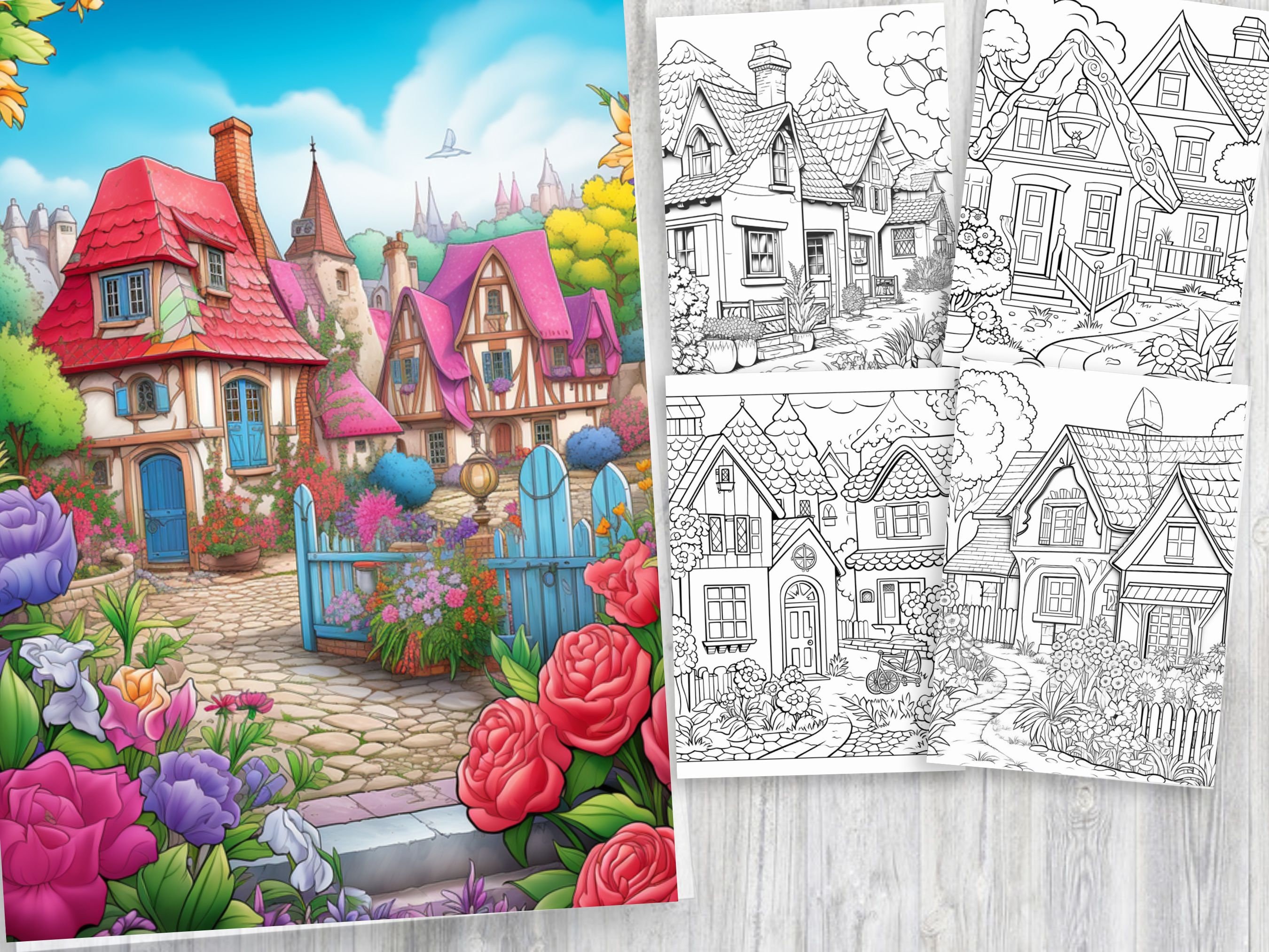 70 Cute Village Houses Coloring Pages for Adults and Kids, Grayscale ...