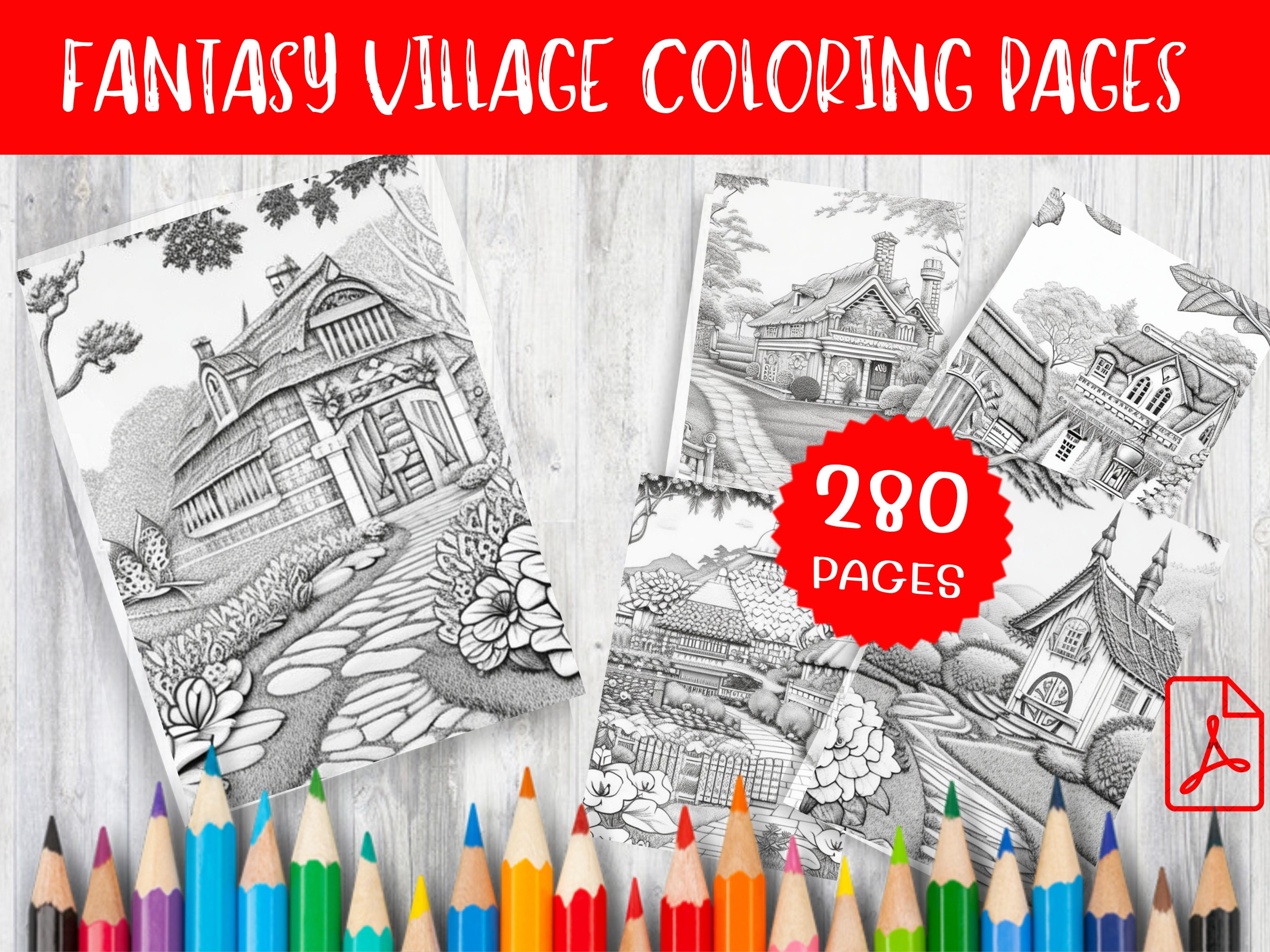 280 Fantasy Village Coloring Pages Printable Digital Download for ...