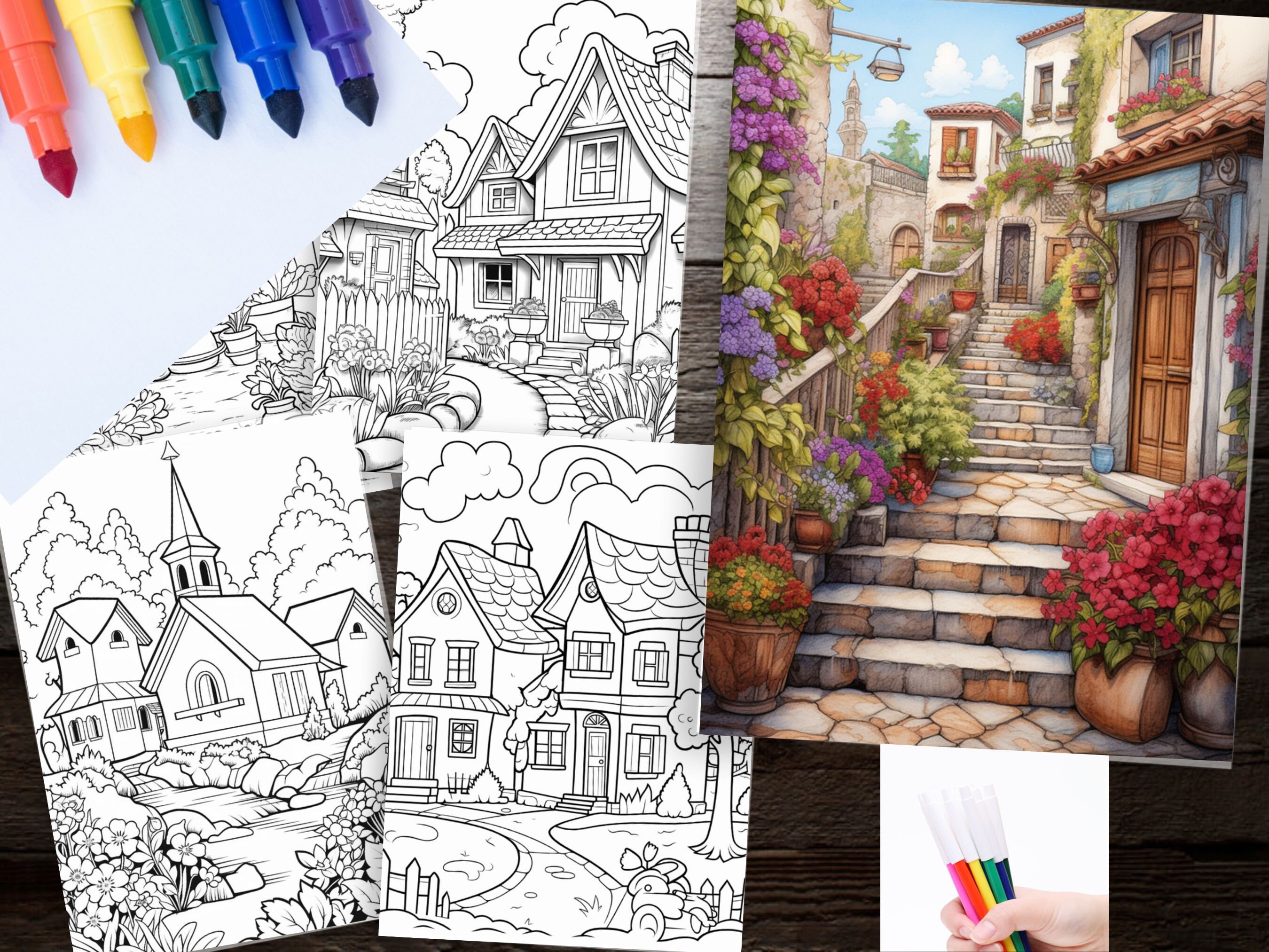 70 Cute Village Houses Grayscale Coloring Pages, Printable (PDF) - Etsy