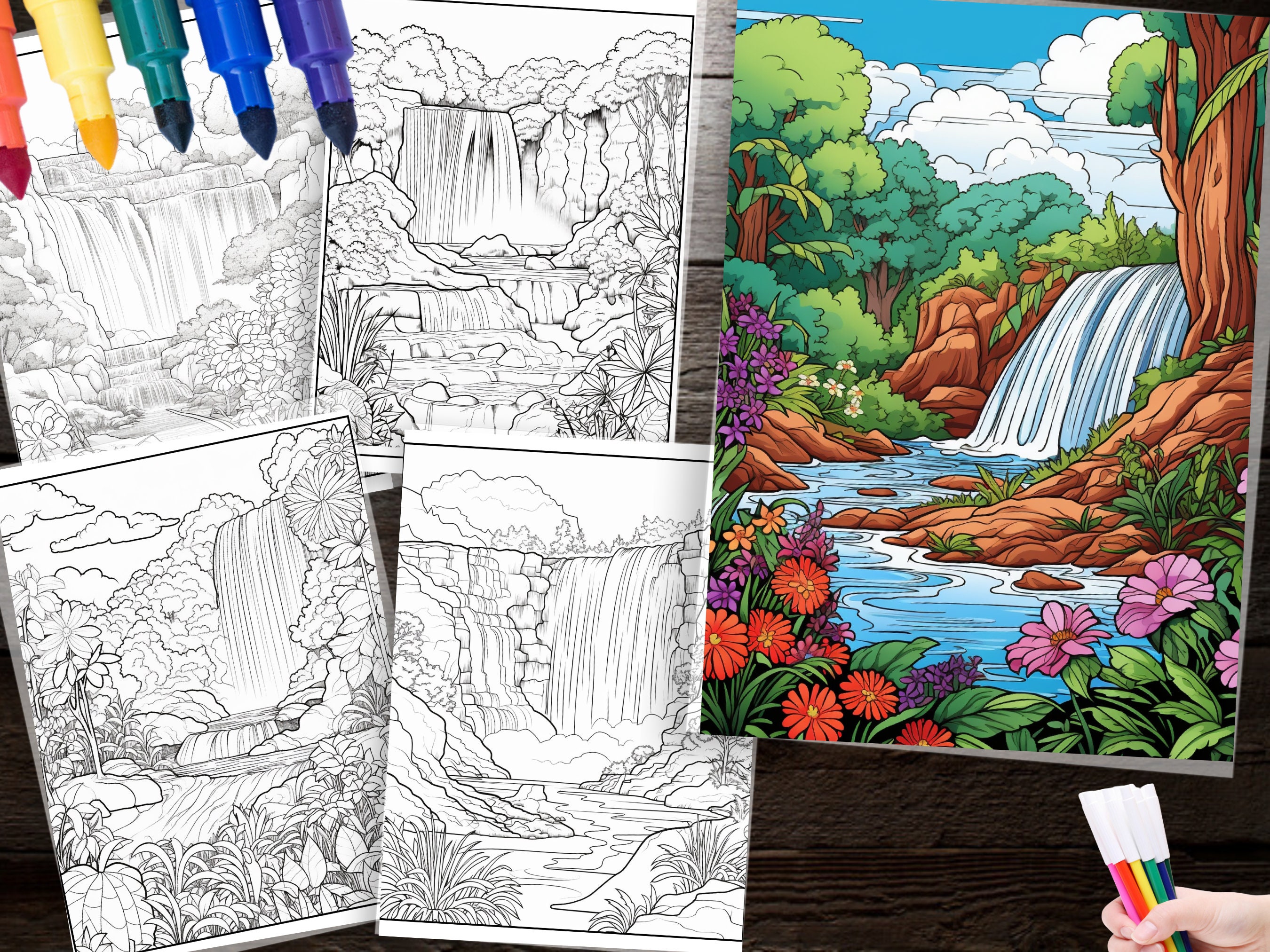 220 Waterfall Coloring Pages for Relaxation and Creativity Instant ...
