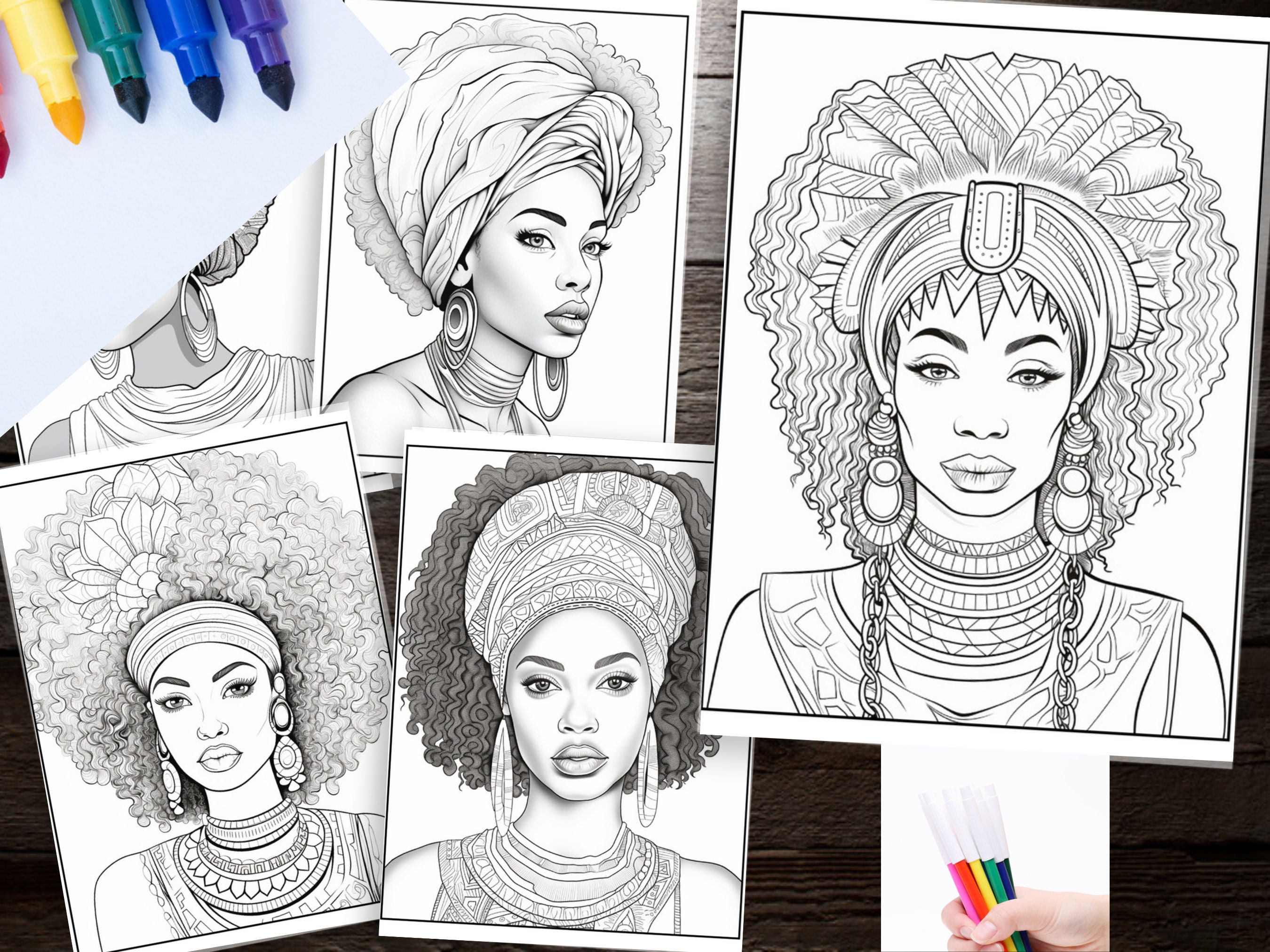 100 Fantasy African Black Girl Coloring Book, Printable PDF, Grayscale ...