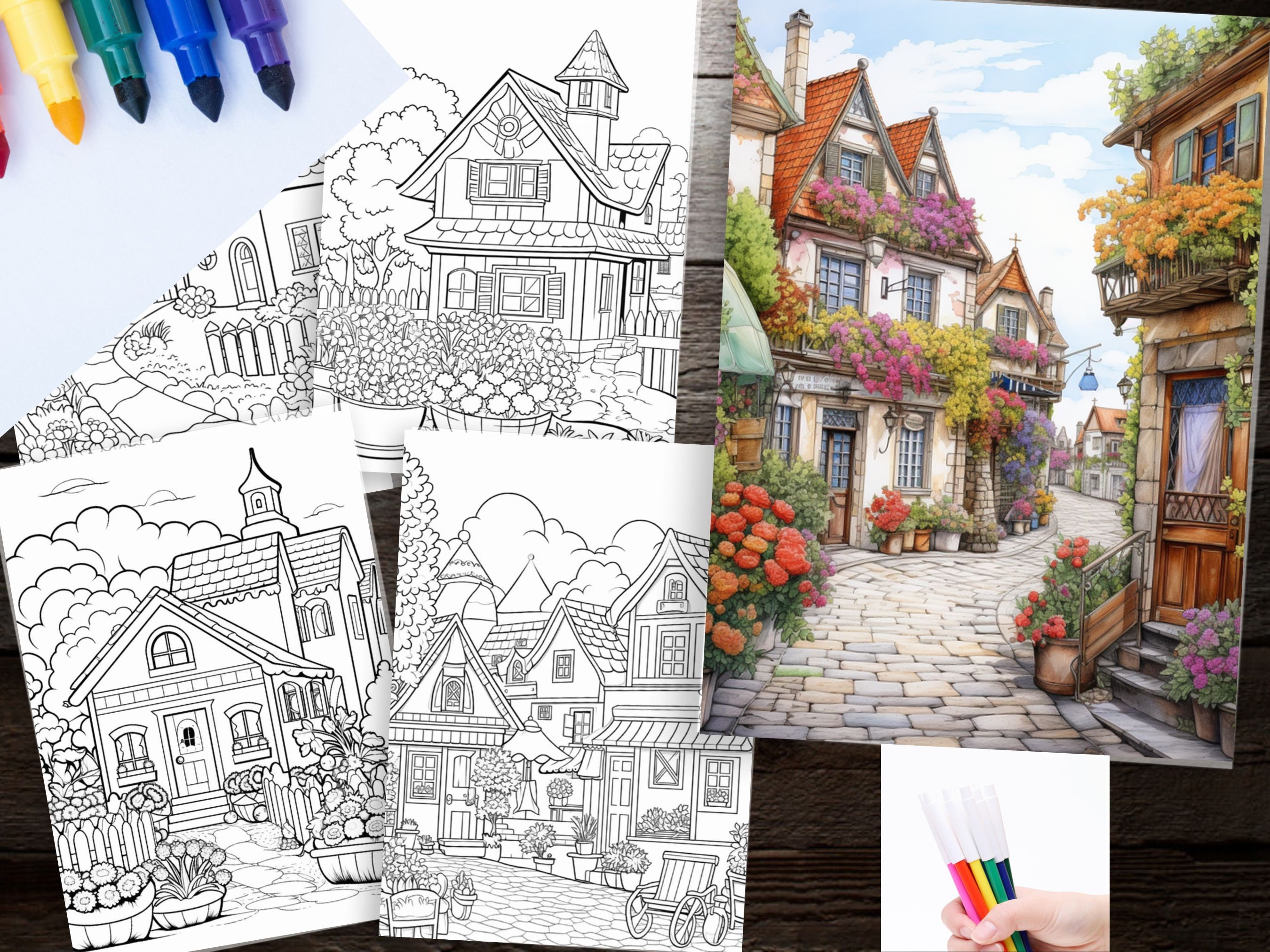 70 Cute Village Houses Coloring Pages for Adults and Kids, Grayscale ...