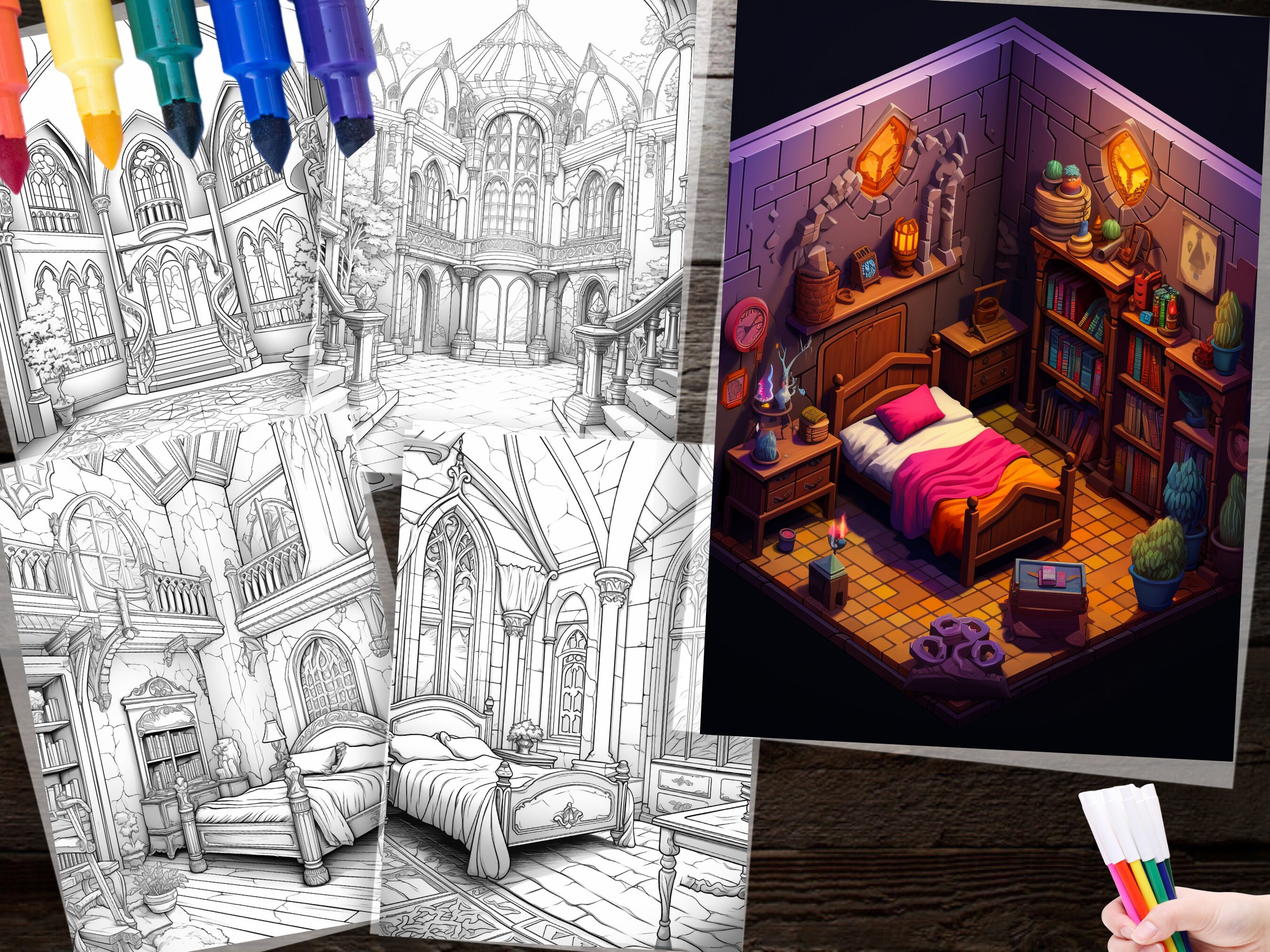 150 Fantasy Isometric Room Coloring Page for Creative Minds Printable ...