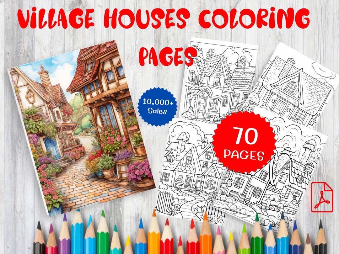 70 Cute Village Houses Grayscale Coloring Pages, Printable (PDF) - Etsy