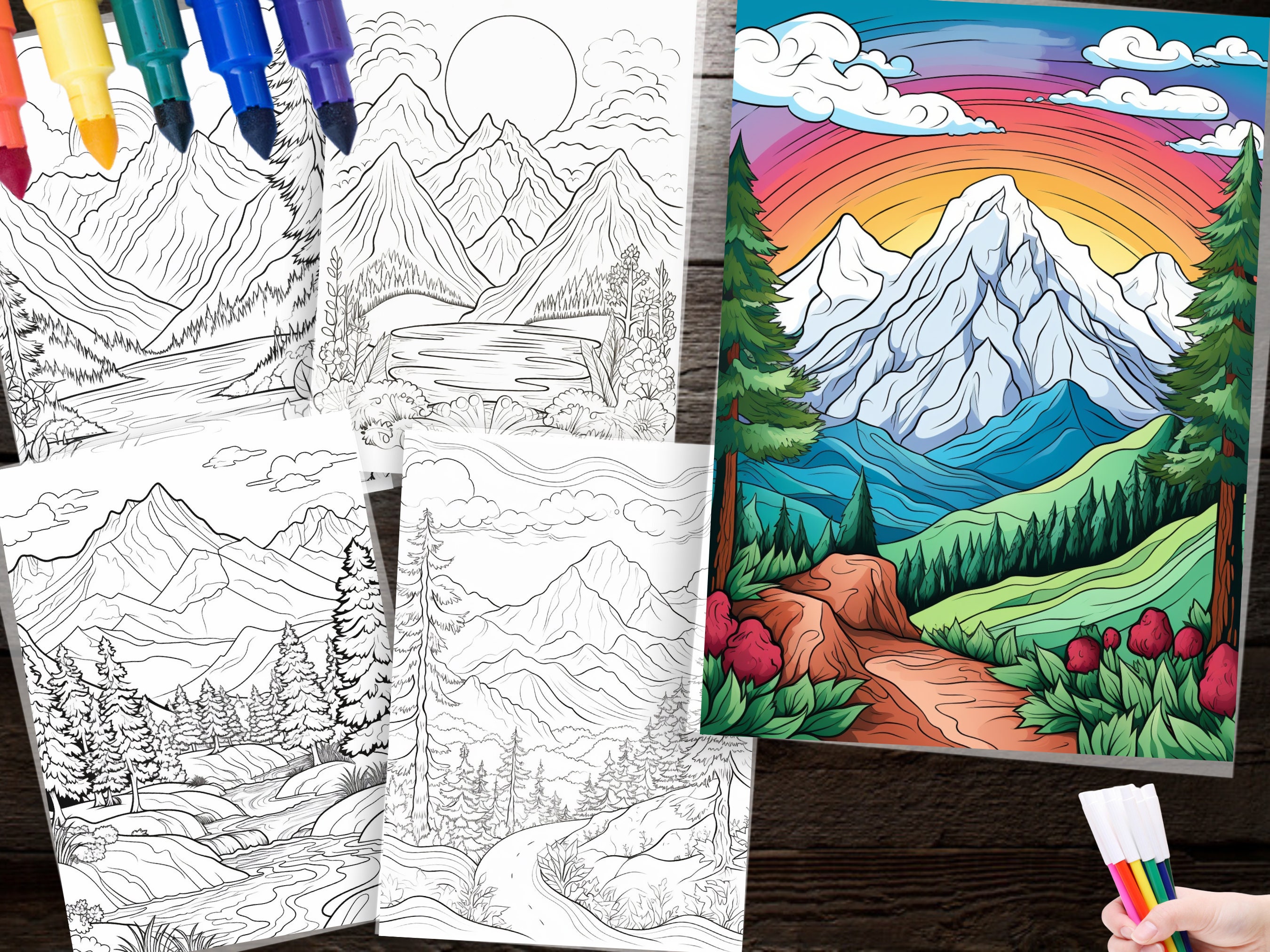 100 Mountain Scenes Coloring Pages Set for Relaxation and Creativity ...