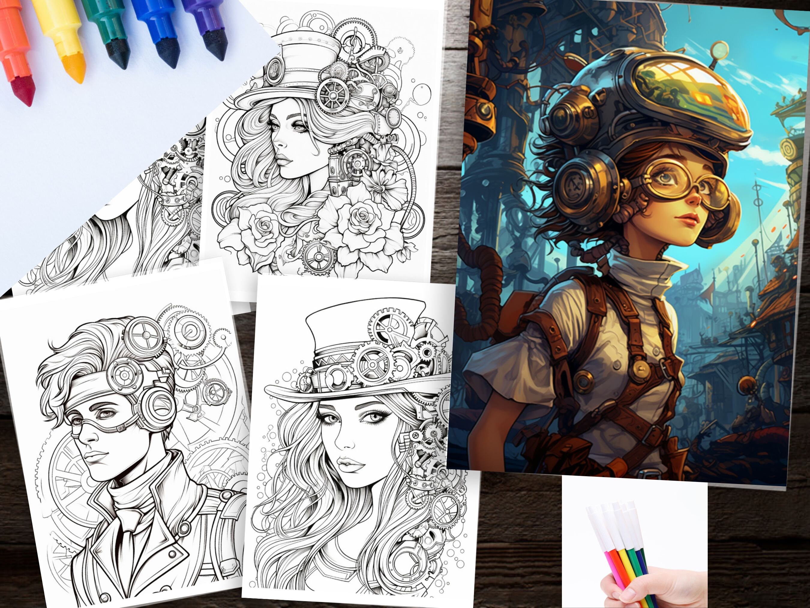 160 Steampunk Fantasy Dreams Coloring Pages for Adults Instant Download ...