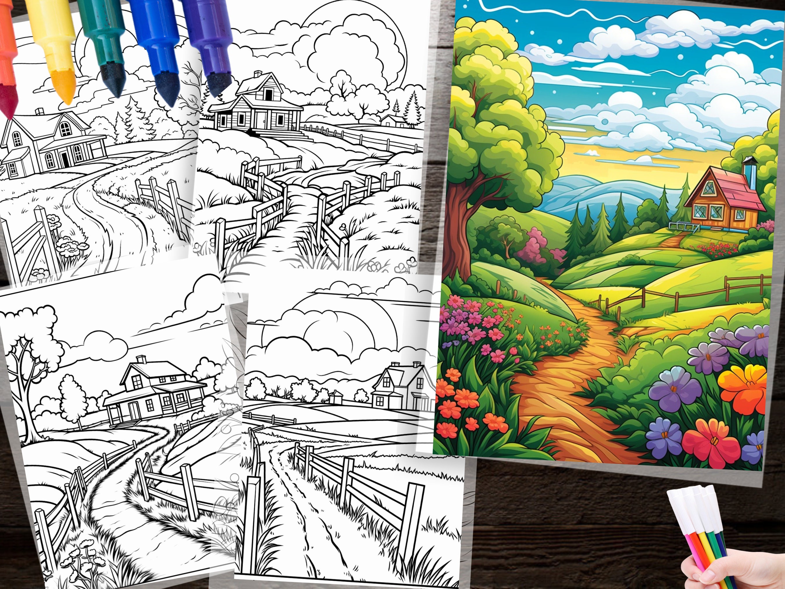 200 Countryside Scenes Coloring Pages Relaxing Rural Landscapes for ...