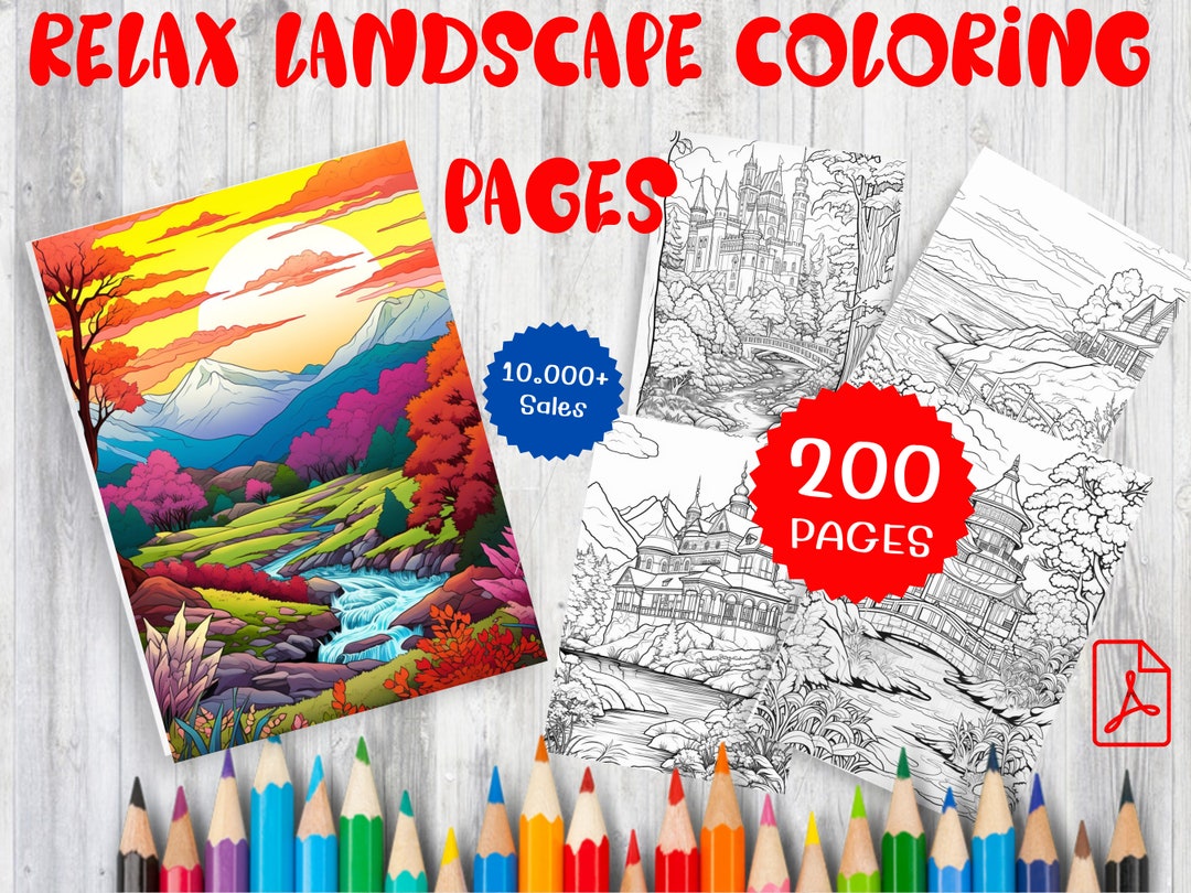 200 Relaxing Landscape Coloring Activities for Kids & Adults, Relax and ...