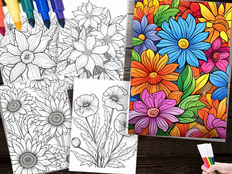 200 Wild Flower Coloring Page - Printable Floral Art for Relaxation and ...