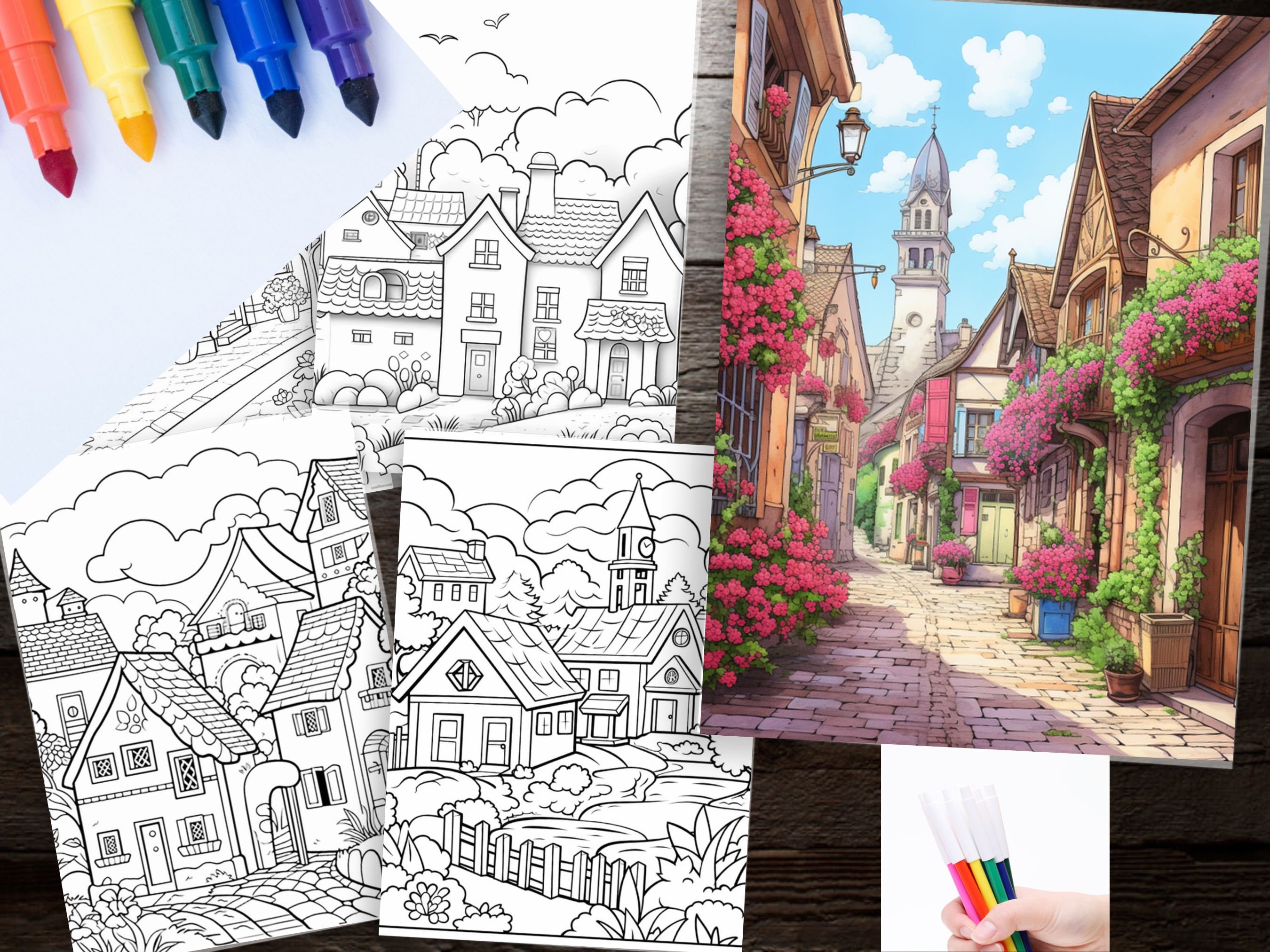 70 Cute Village Houses Coloring Pages for Adults and Kids, Grayscale ...