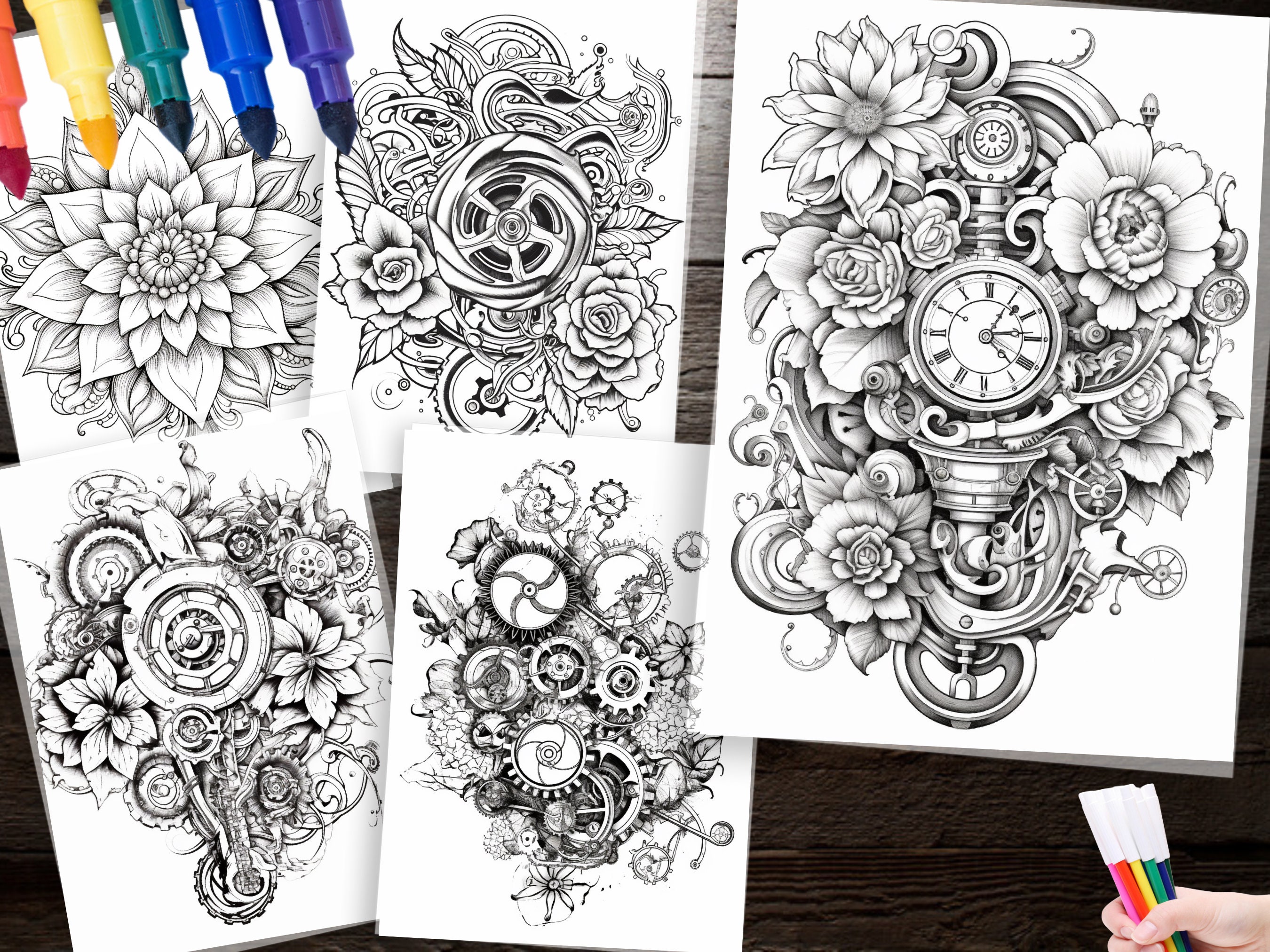 300 Steampunk Flower Coloring Pages Floral Designs for Relaxation and ...