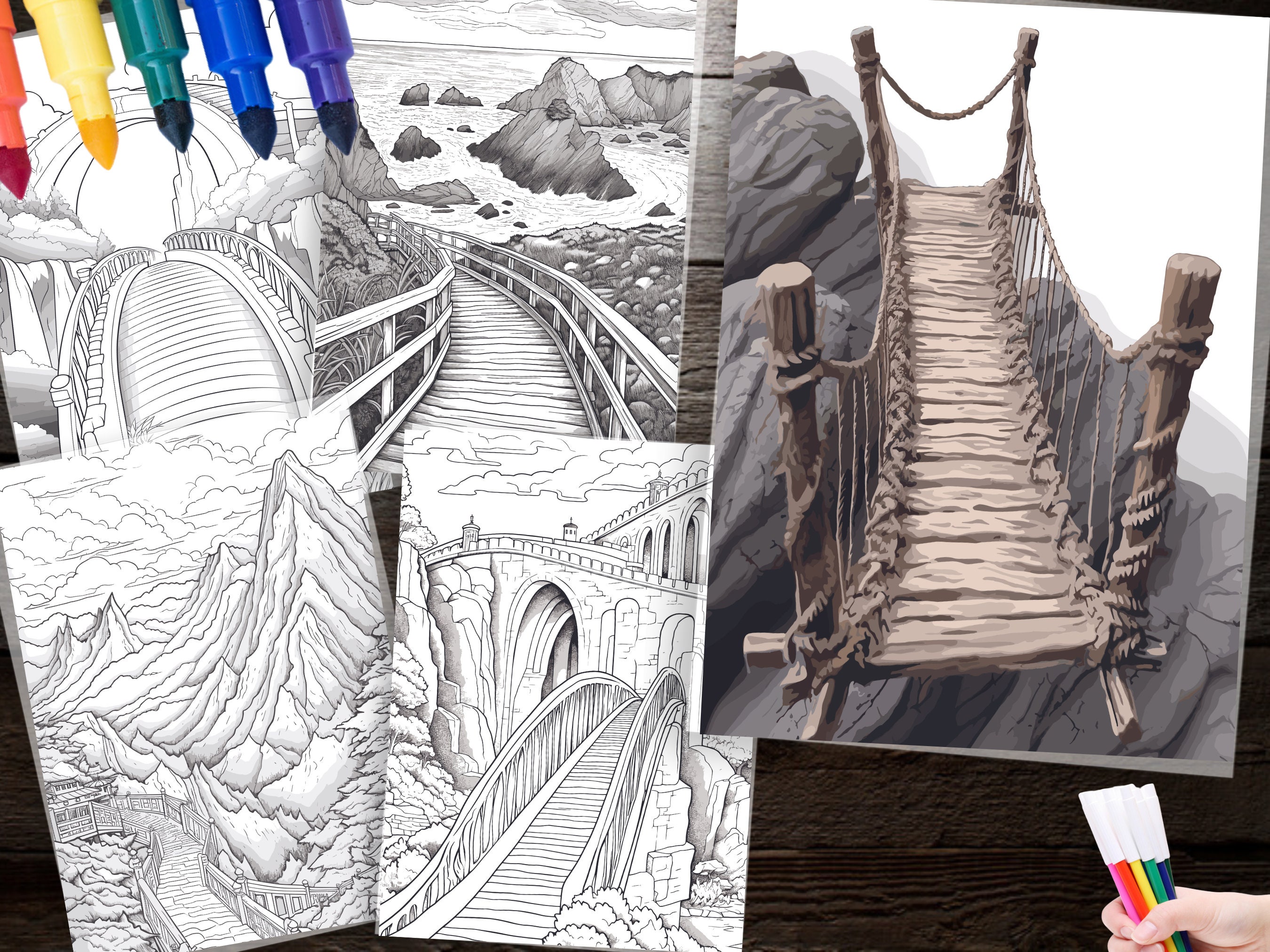 120 Calming Bridge Landscapes Coloring Pages Relaxing Scenes for ...