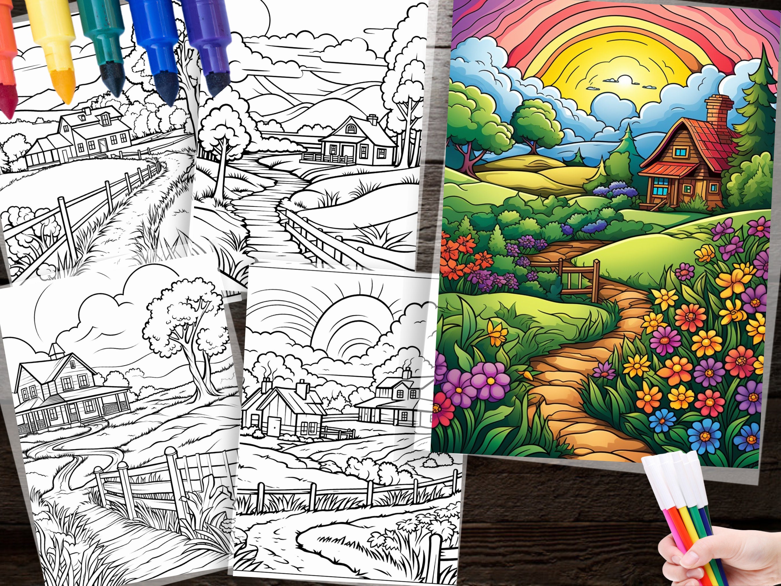 200 Countryside Scenes Coloring Pages Relaxing Rural Landscapes for ...