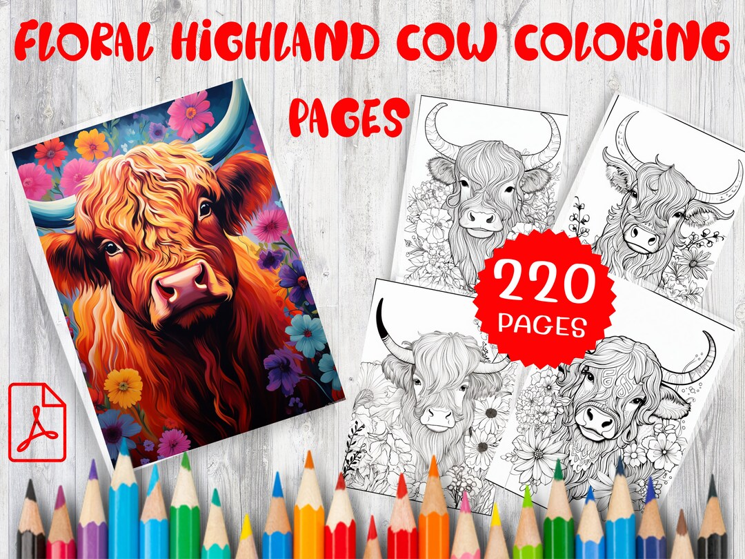 220 Floral Highland Cow Coloring Pages - Rustic Farm Animal Art ...