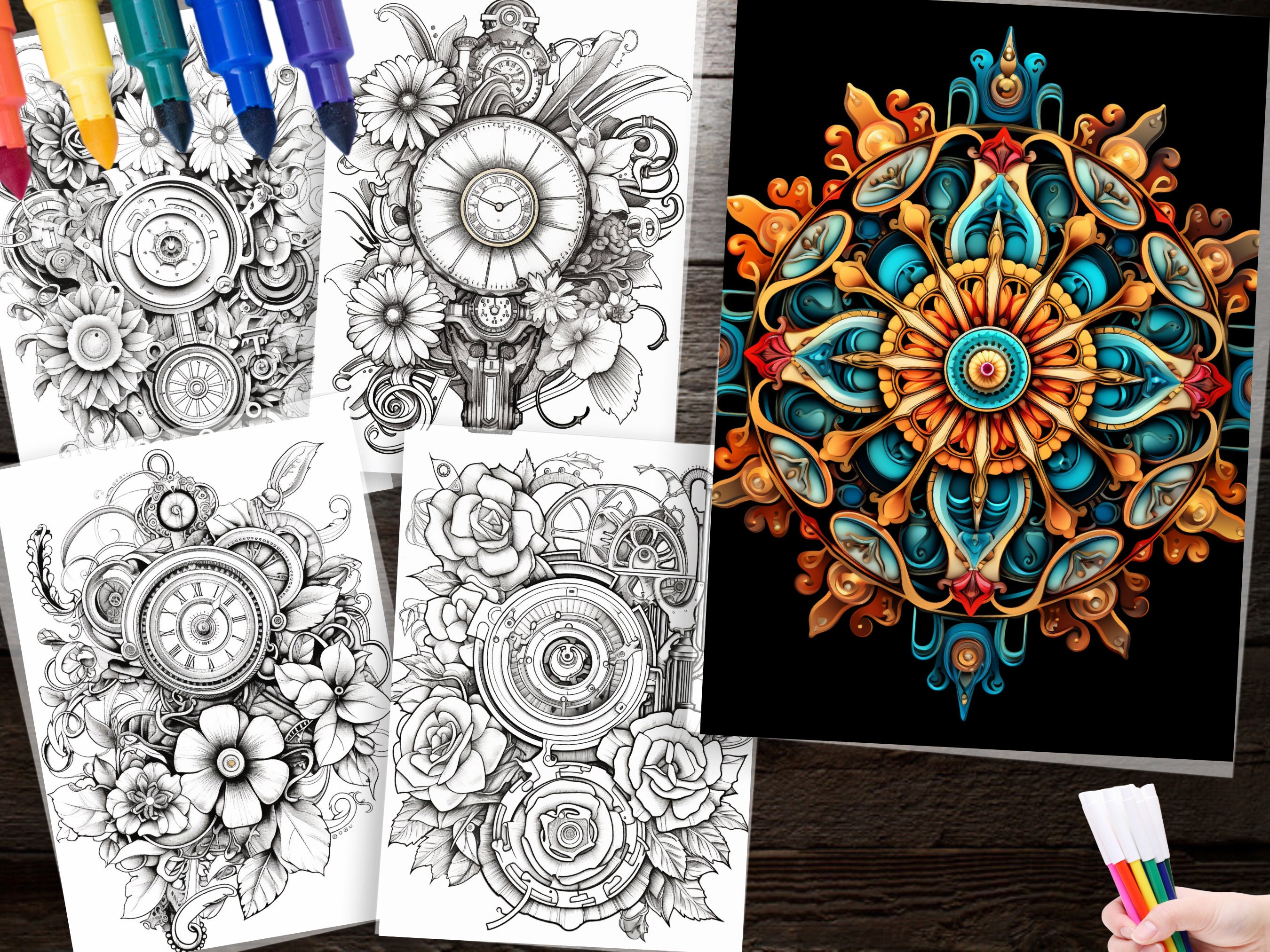 300 Steampunk Flower Coloring Pages Floral Designs for Relaxation and ...