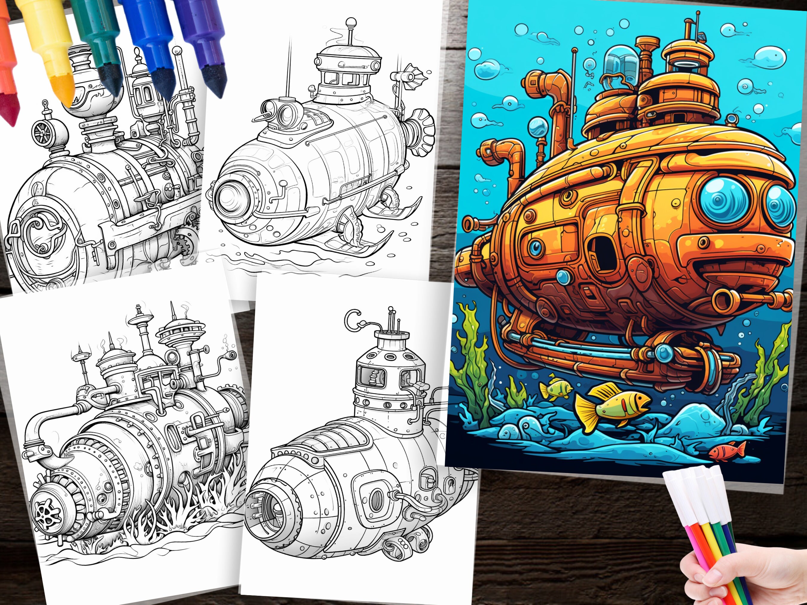 150 Steampunk Submarine Coloring Page - Underwater Adventure Printable ...