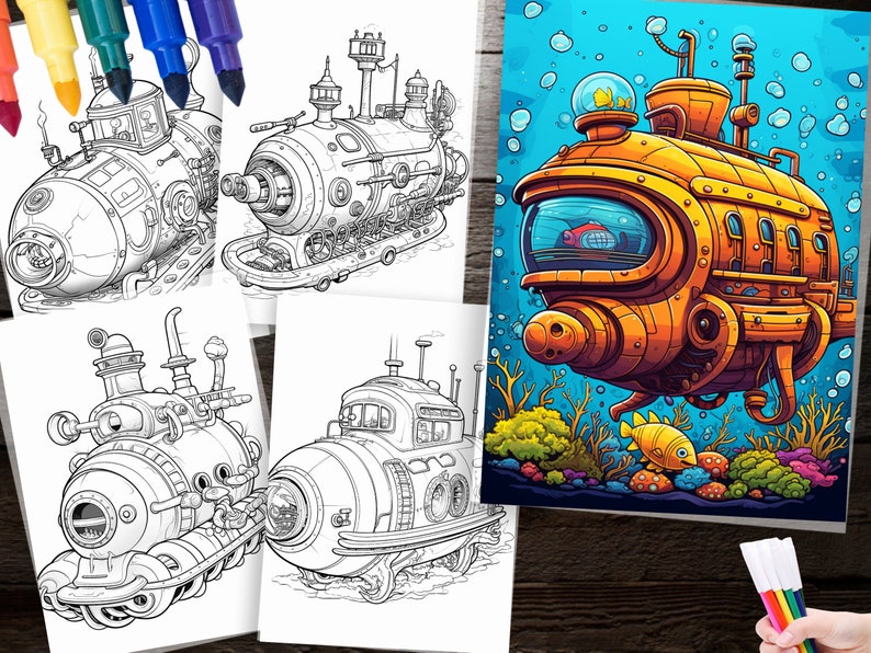 150 Steampunk Submarine Coloring Page - Underwater Adventure Printable ...
