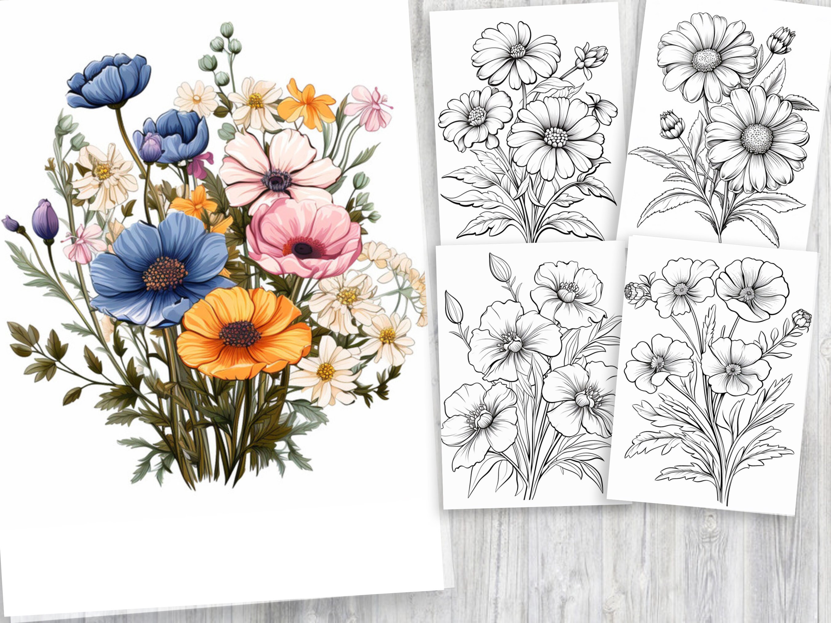 150 Printable Wild Flowers Coloring Pages Adults Kids, Grayscale ...