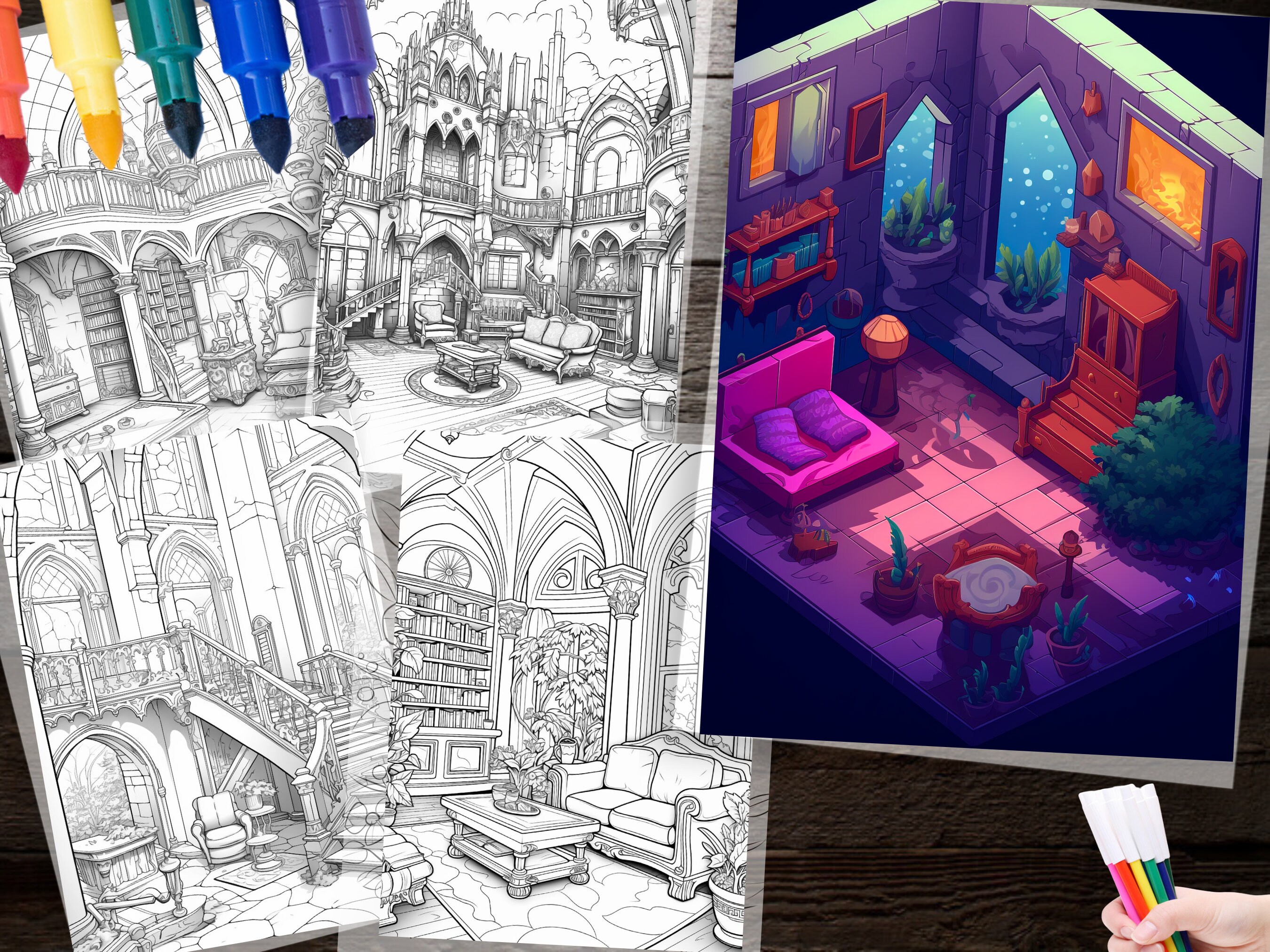 150 Fantasy Isometric Room Coloring Page for Creative Minds Printable ...