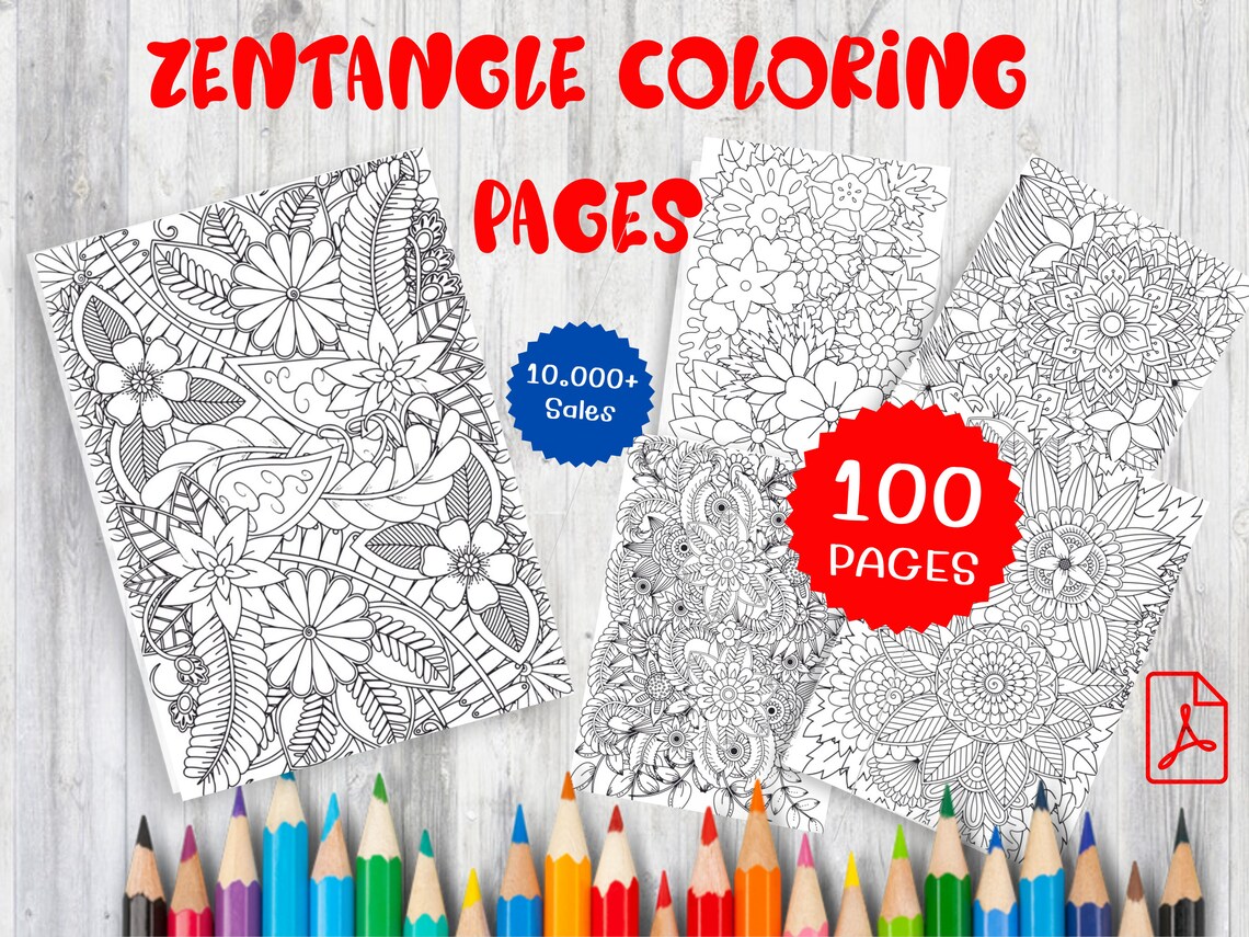 100 Zentangle Patterns, Art Coloring Pages for Adults & Kids (instant ...