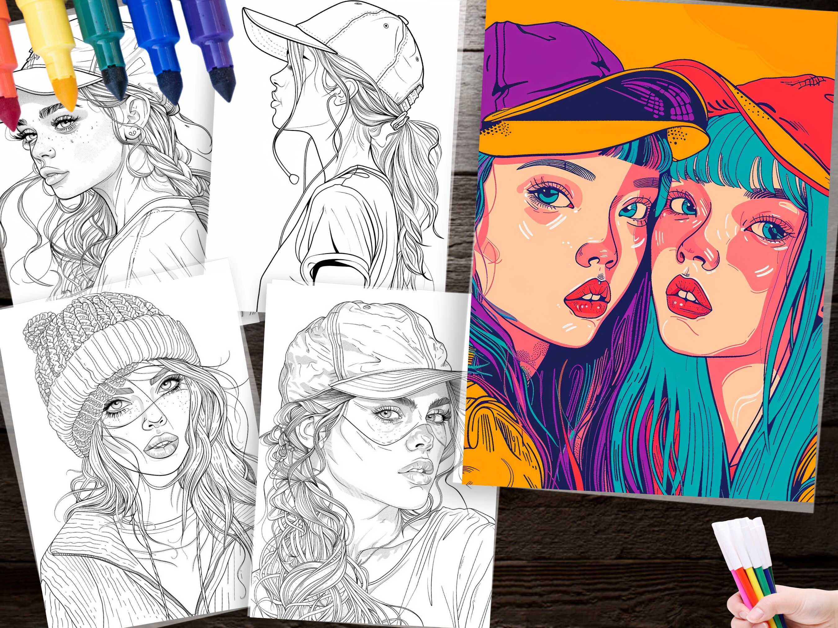 140 Girls With Cap Printable Coloring Pages for Creative Fun, Instant ...