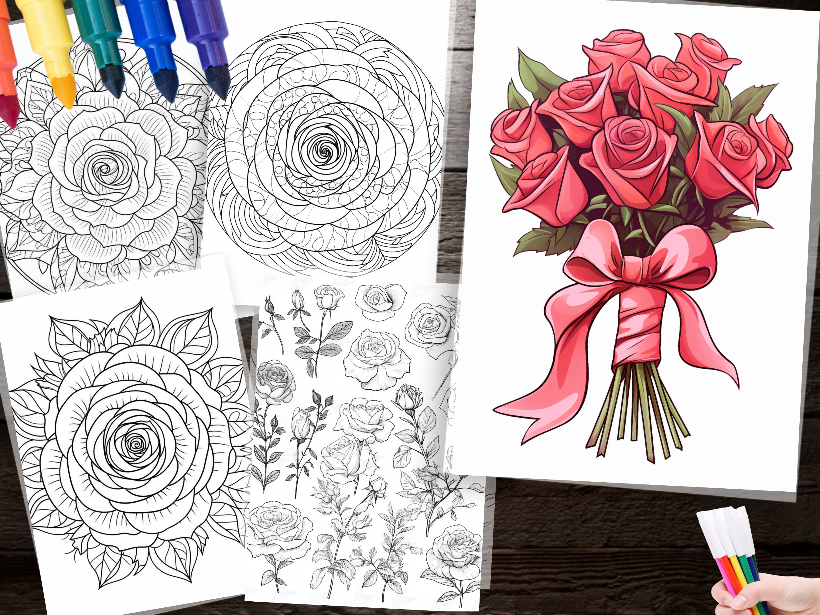 Rose Flower Coloring Pages – 40 Printable Floral Designs (digital ...