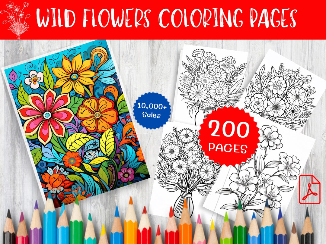 200 Wild Flower Coloring Page - Printable Floral Art for Relaxation and ...