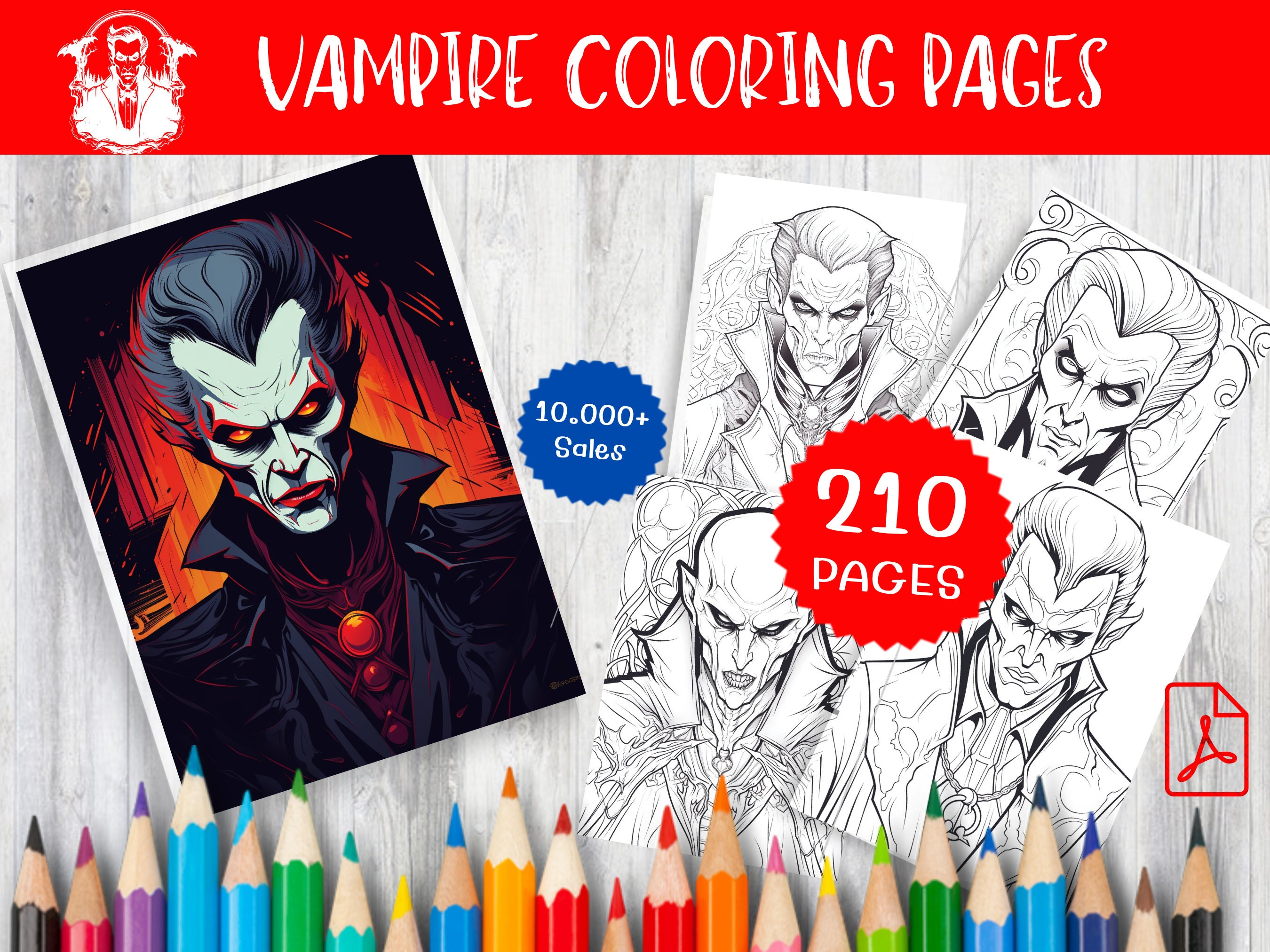 210 Vampire Coloring Page Printable Art for Adult and Kids Halloween ...