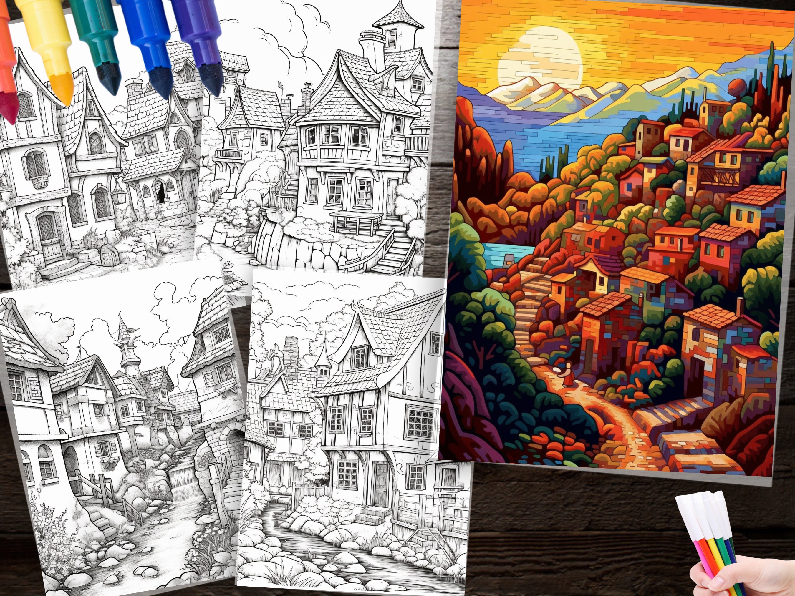 200 Charming Village Scene Coloring Page Printable Adult Coloring Sheet ...