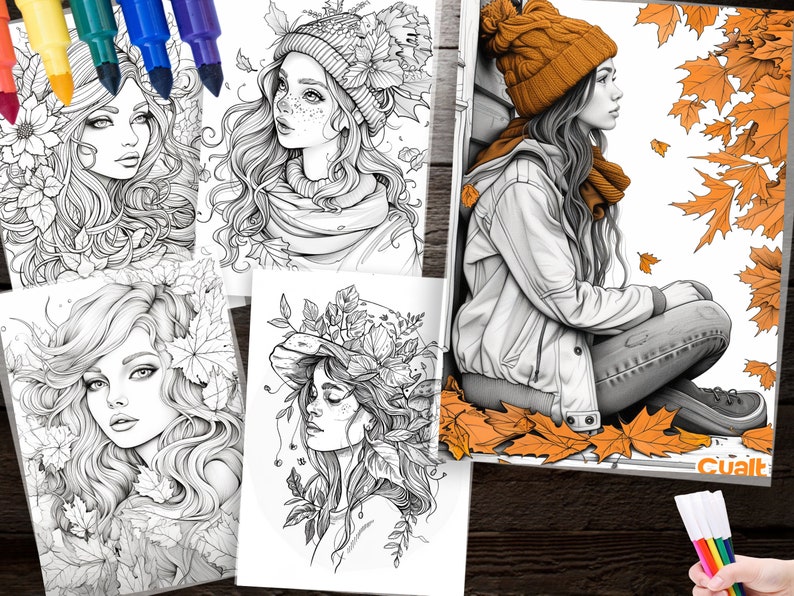 250 Autumn Girl Coloring Page Whimsical Fall Designs for Relaxation ...