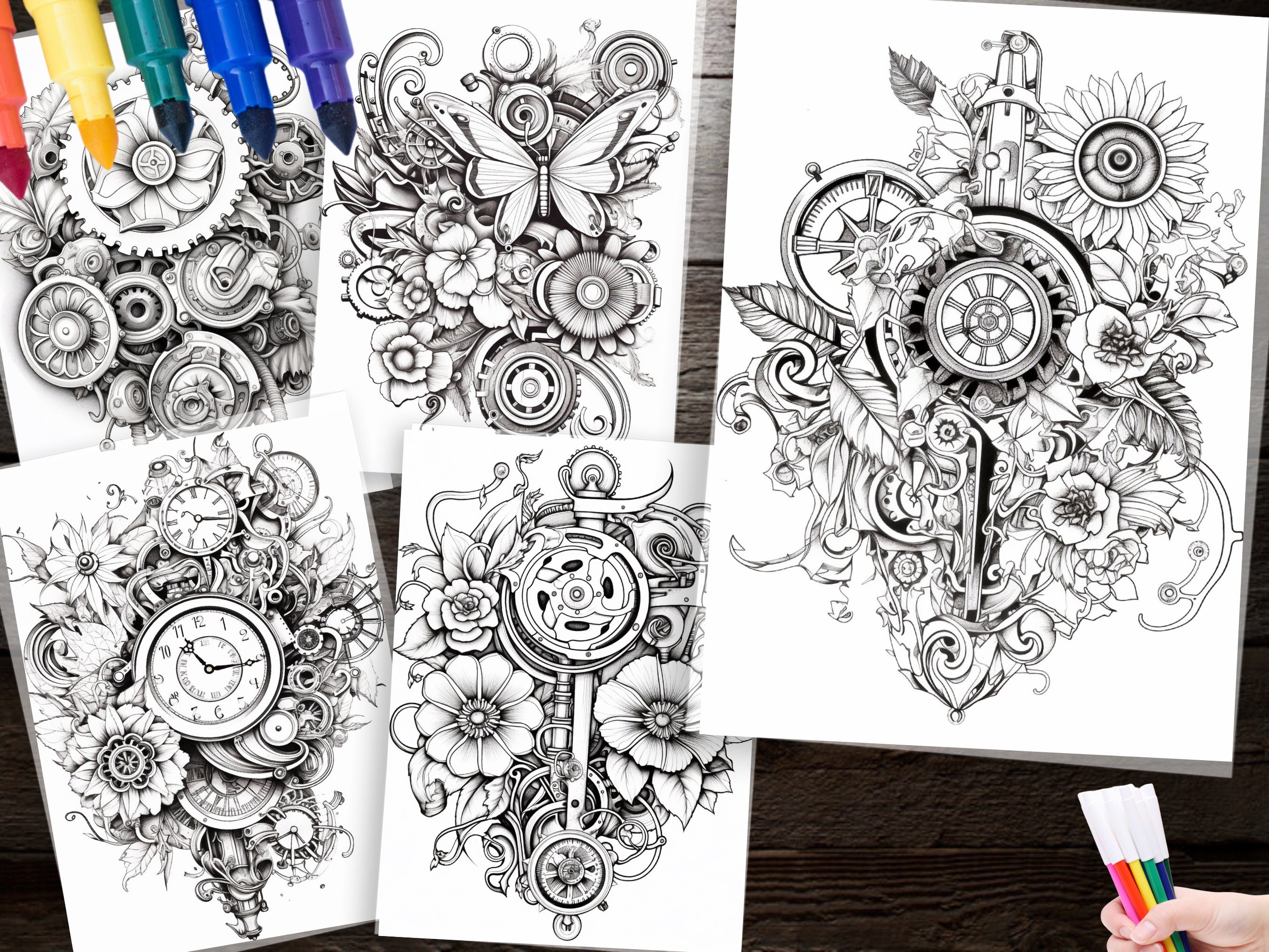 300 Steampunk Flower Coloring Pages Floral Designs for Relaxation and ...